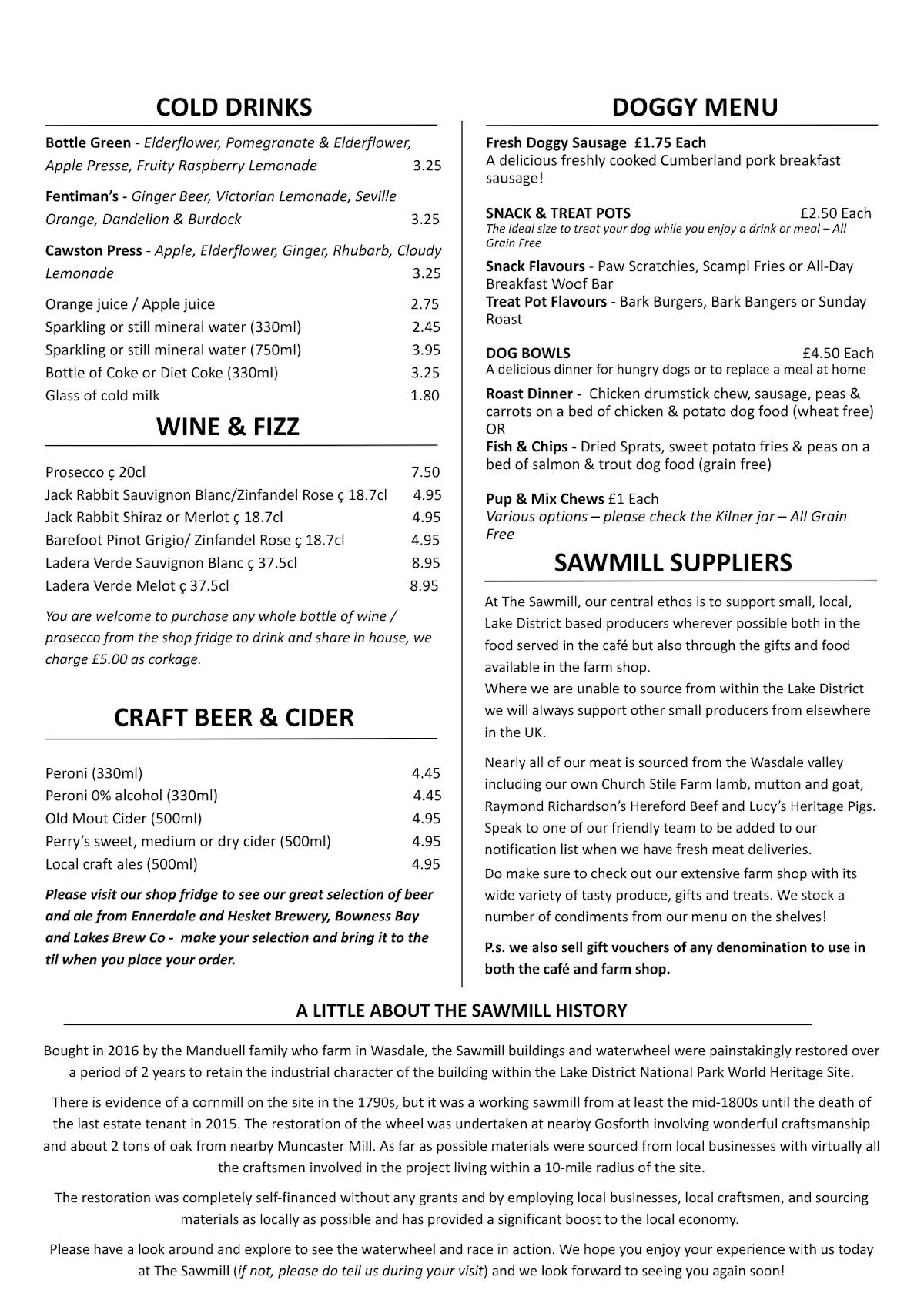 Menu at The Sawmill Cafe & Farm Shop, Wasdale