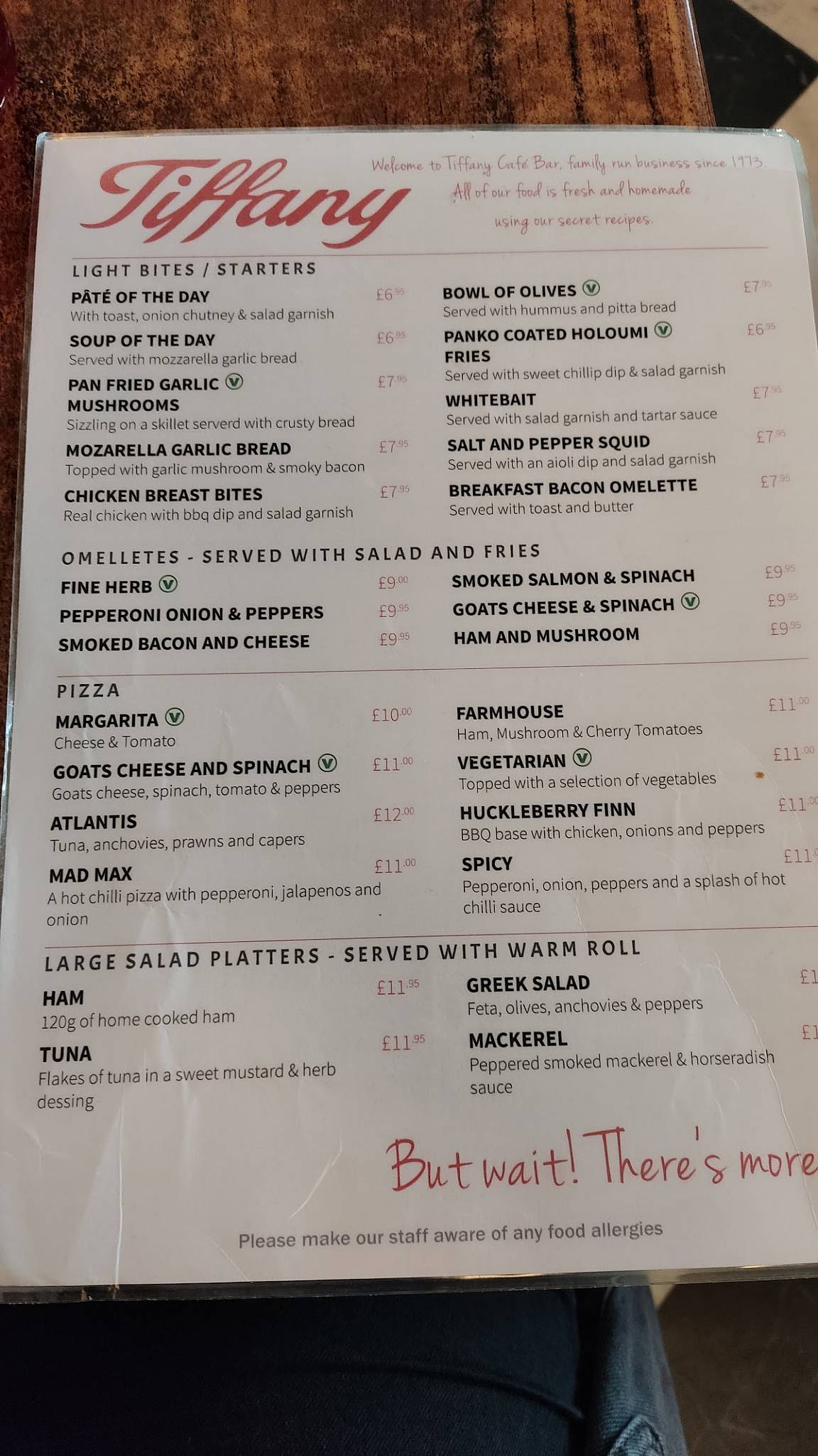 Menu at Tiffany Cafe Bar, Llandudno