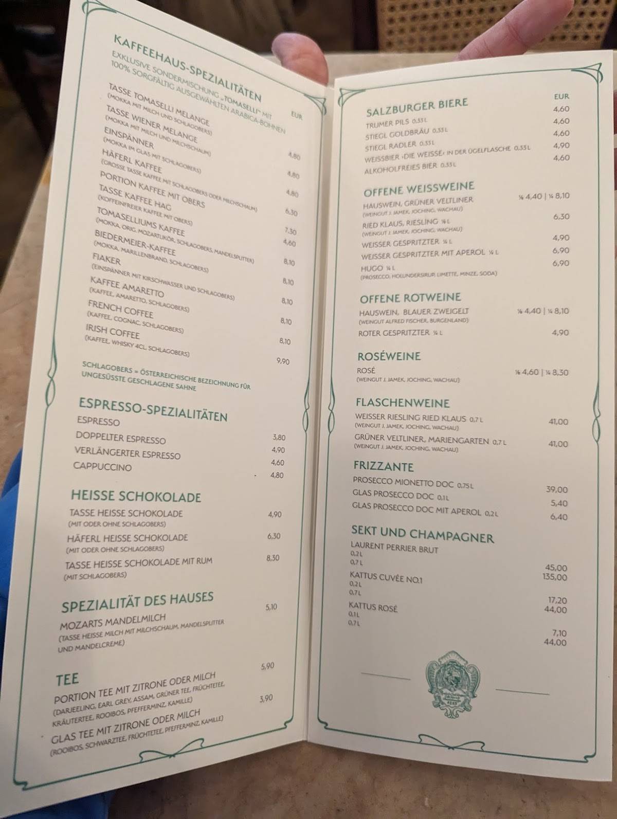 Menu at Café Tomaselli cafe, Salzburg