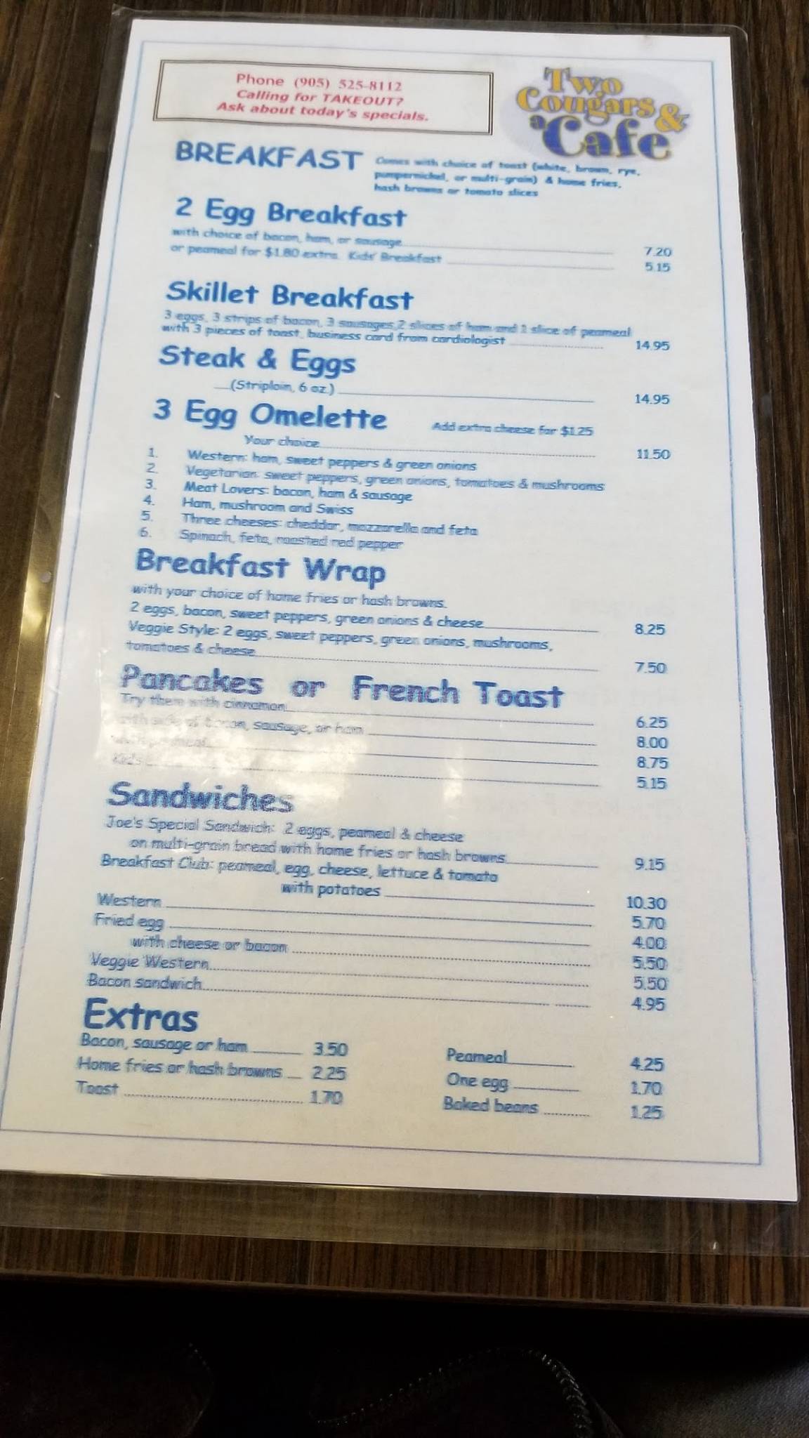Menu at Two Cougars & A Cafe, Hamilton