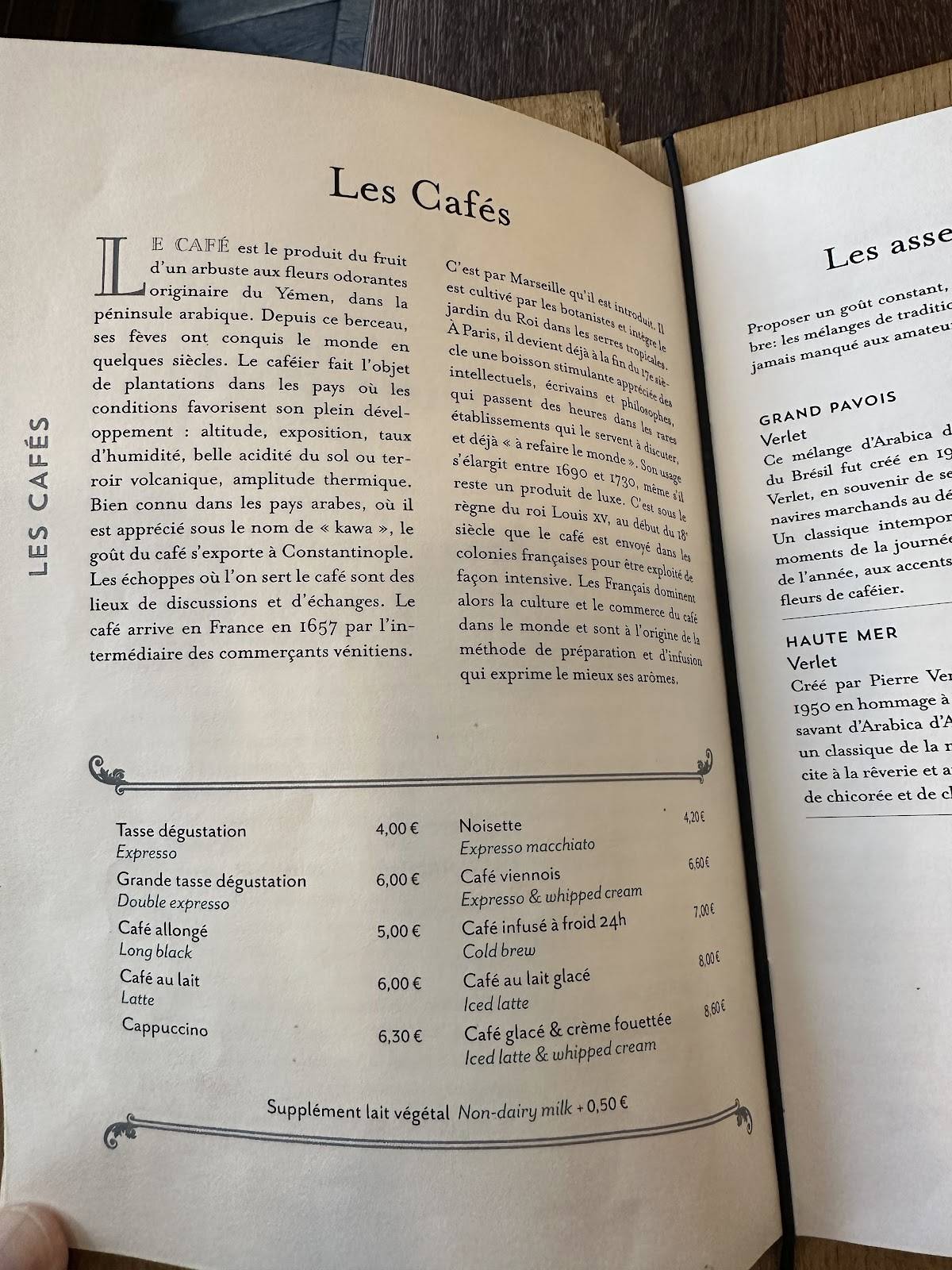 Menu au Café Verlet, Paris, 256 Rue Saint-Honoré