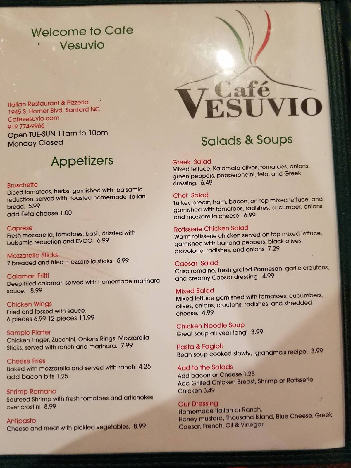 Menu at Cafe Vesuvio Italian restaurant & Pizzeria, Sanford