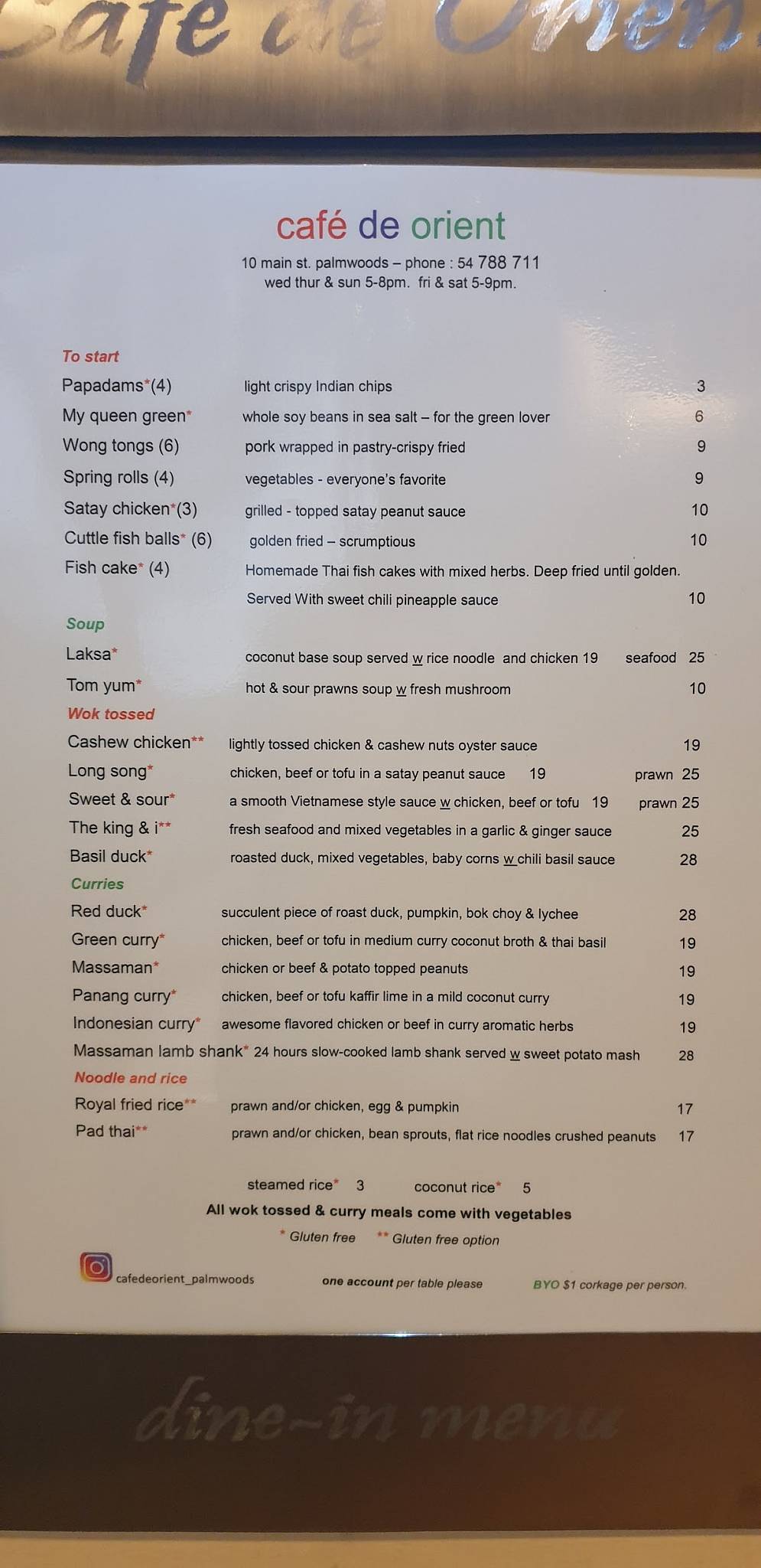 Menu at Cafe de Orient, Palmwoods, 10 Little Main St