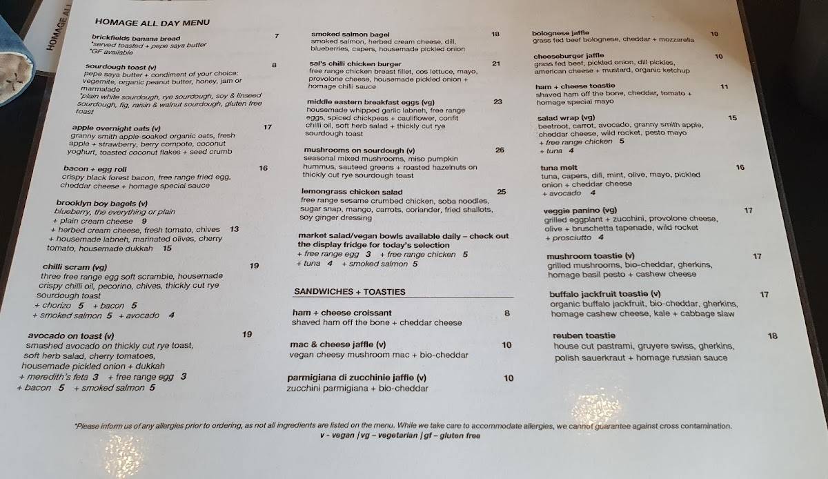 Menu at homage specialty coffee cafe, Parramatta