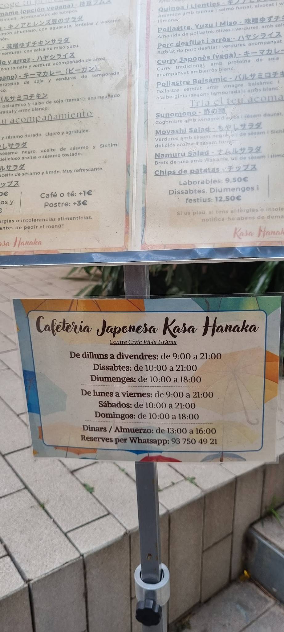Carta de Cafetería Japonesa Kasa Hanaka - Vil·la Urània, Barcelona