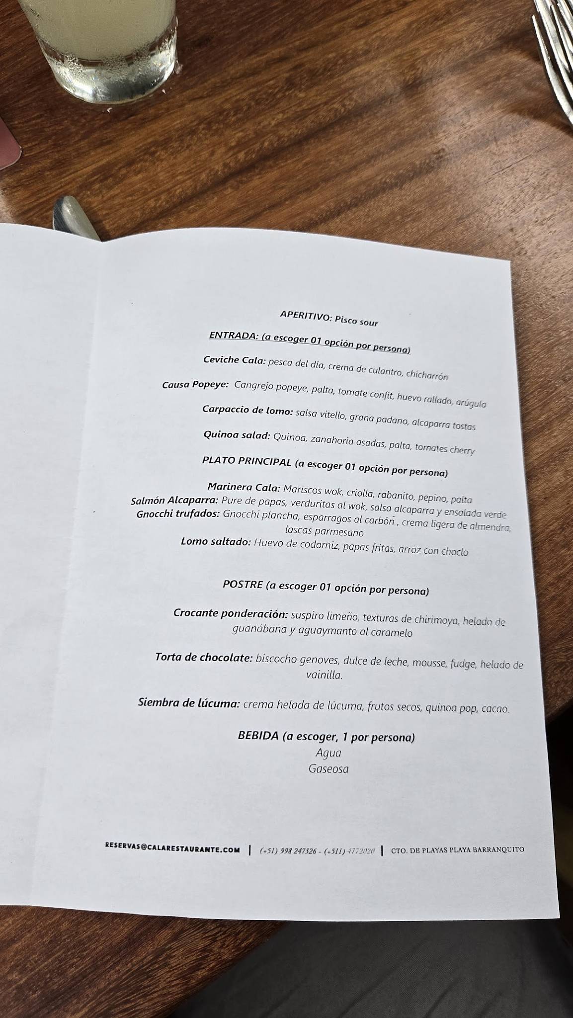 Carta de Cala Restaurante & Lounge, Barranco, Cto. de Playas