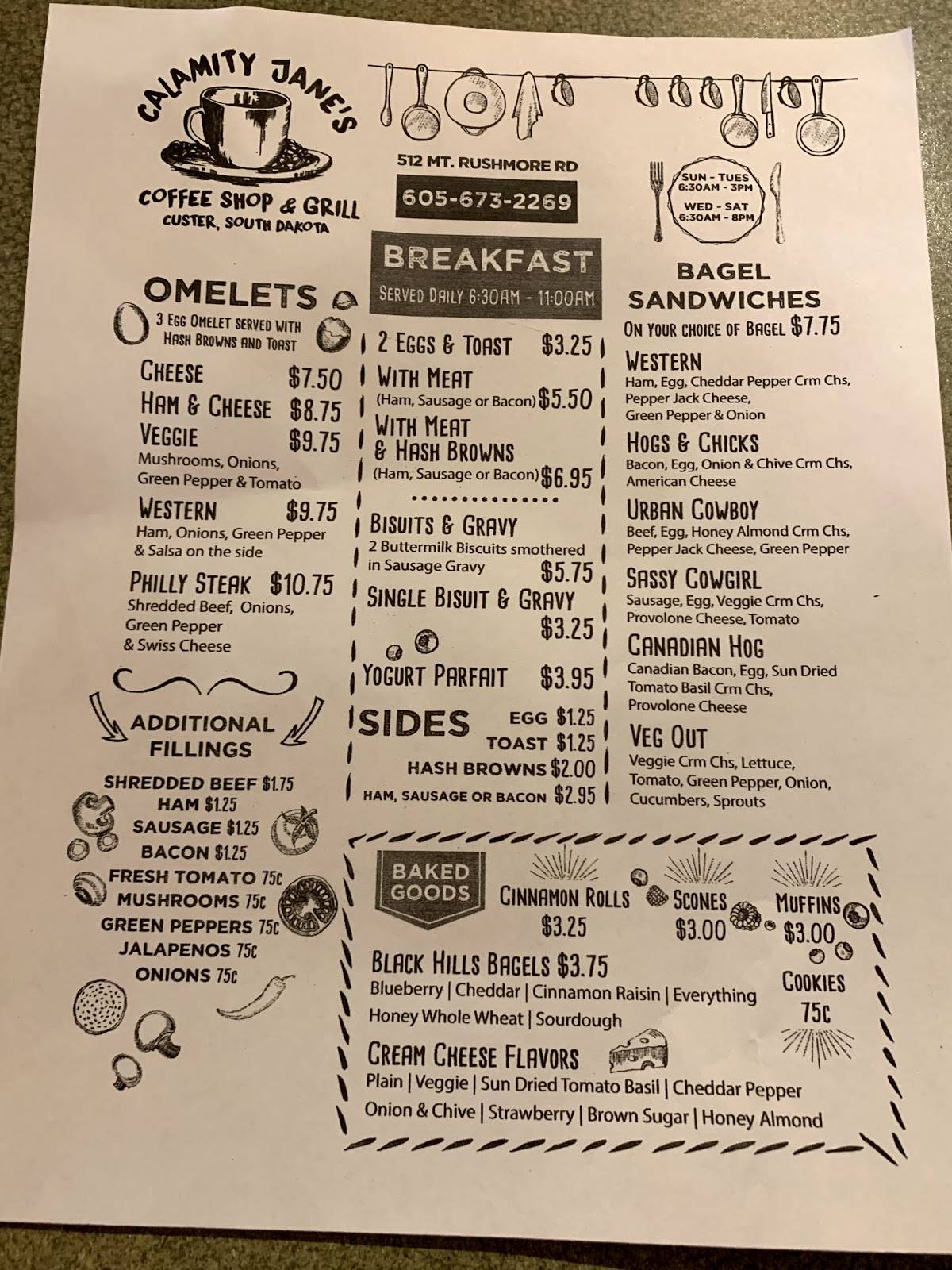 Menu at Calamity Jane Coffee Shop and Grill pub & bar, Custer