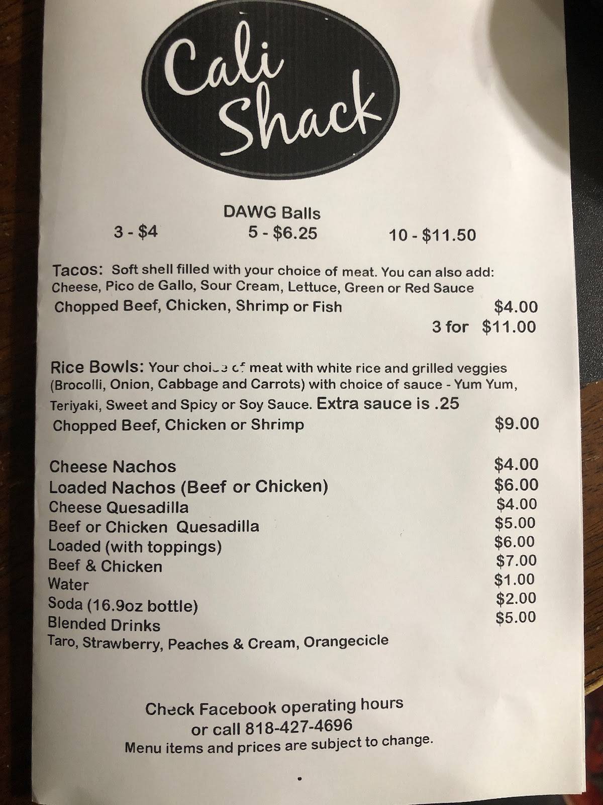 Menu at Cali Shack restaurant, Dublin