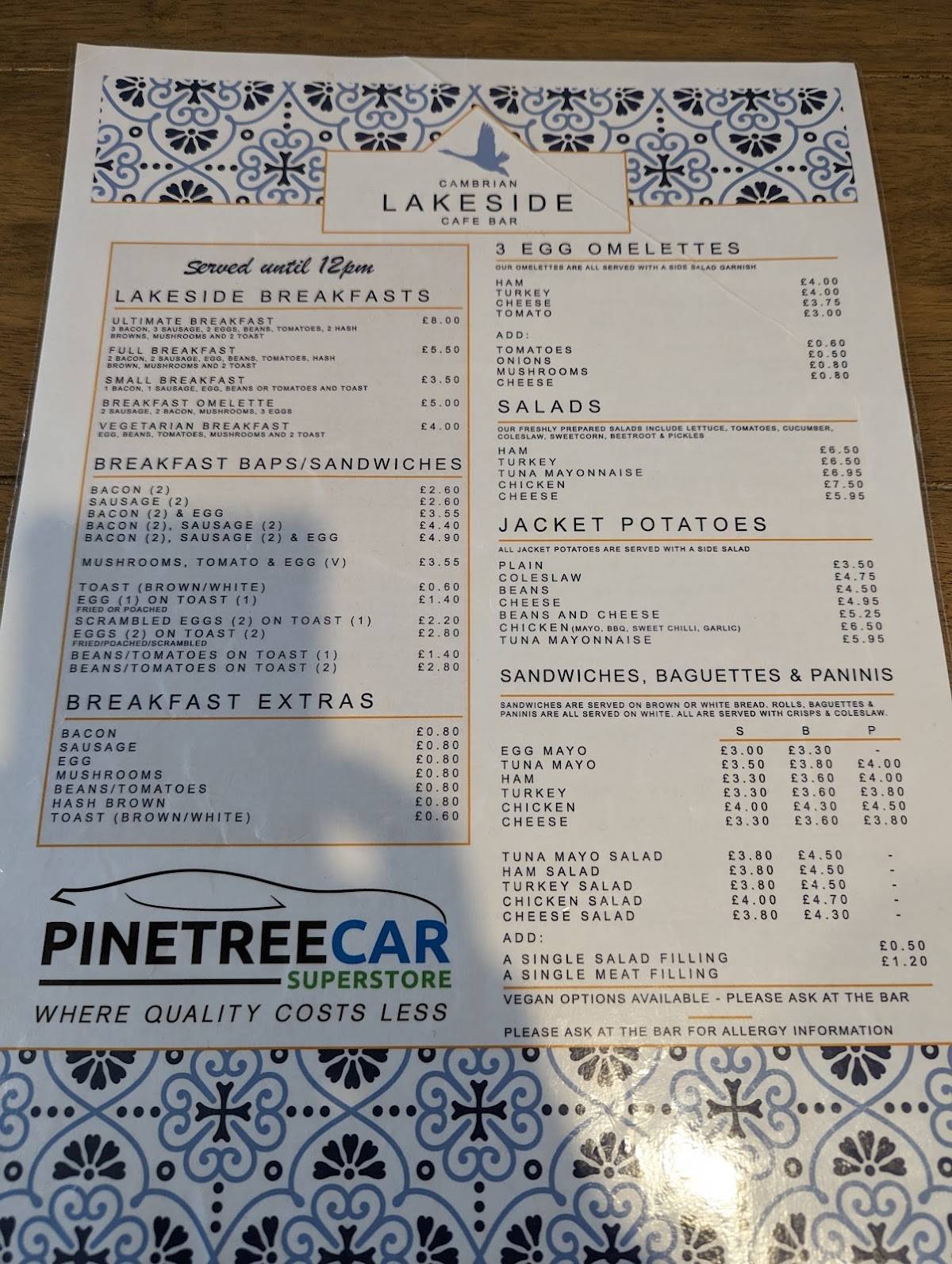 Menu at Cambrian Lakeside Cafe Bar, Tonypandy