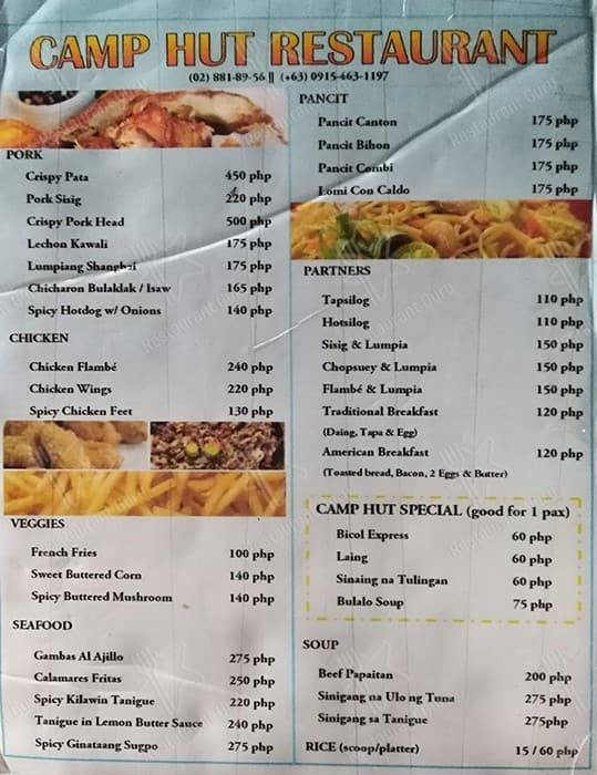 Menu at Camp Hut Restaurant, Taguig
