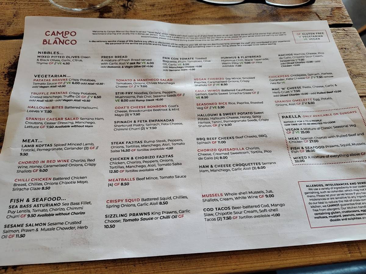 Menu at Campo Blanco pub & bar, Manchester