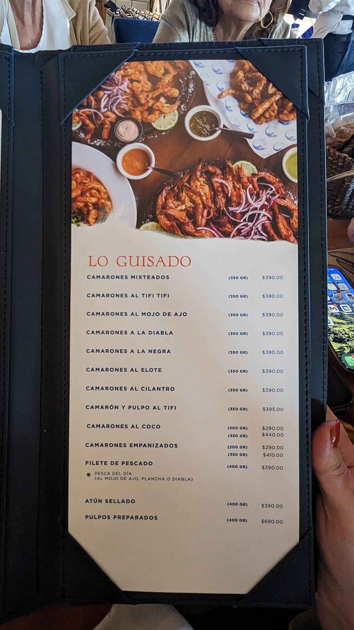 Menu at Campomar Angelópolis restaurant, Puebla City