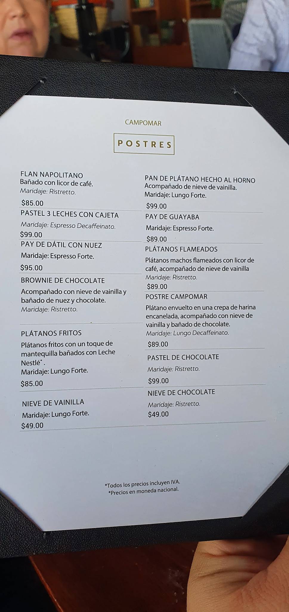Menu at Campomar Angelópolis restaurant, Puebla City