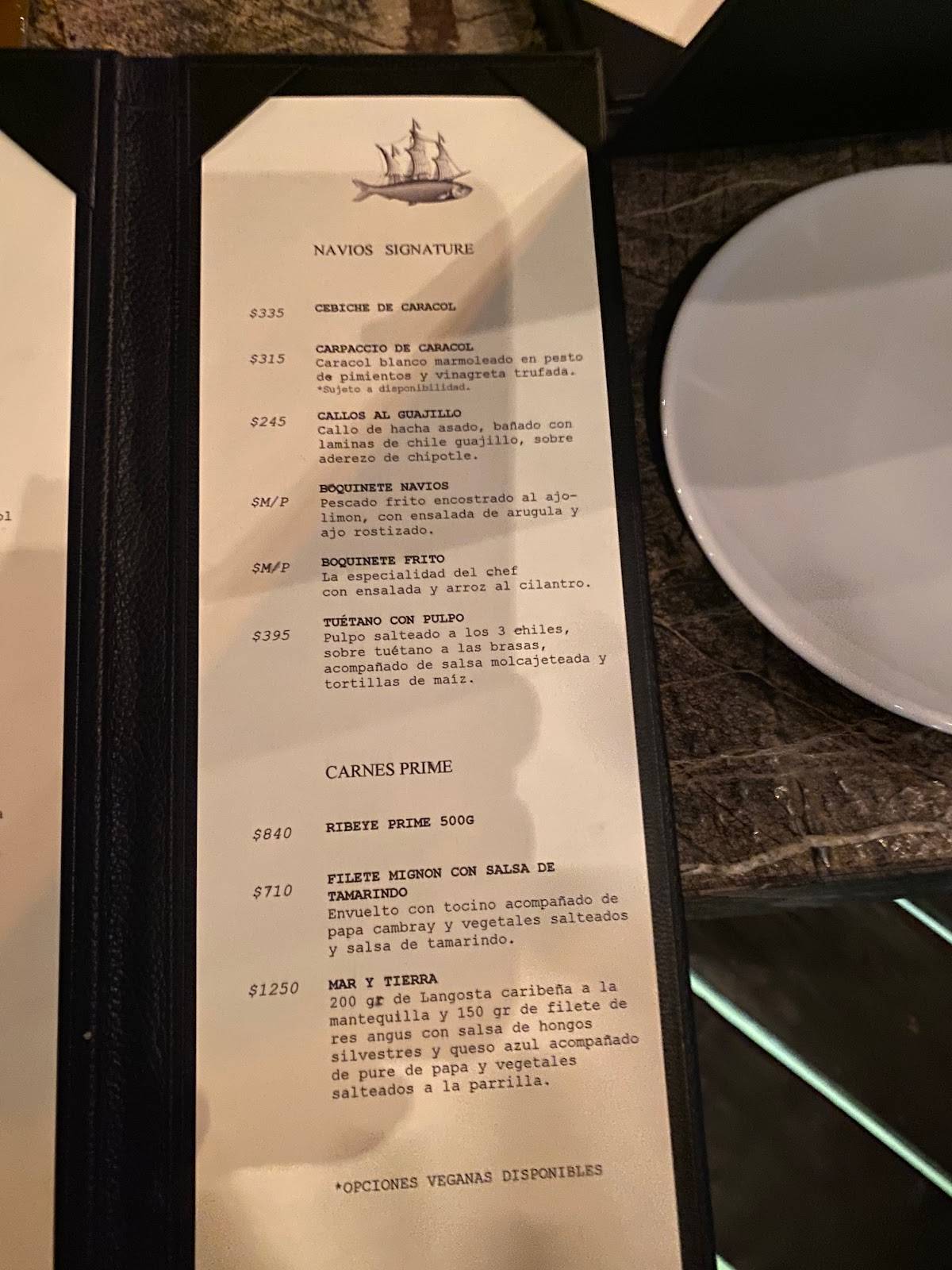 Menu at Navíos restaurant, Cancún