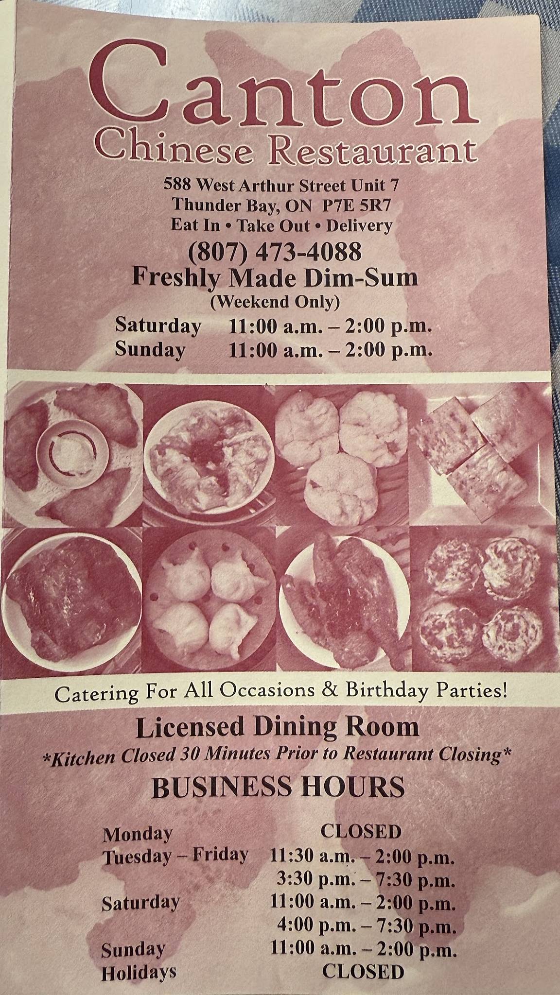 Menu at Canton Chinese Restaurant, Thunder Bay