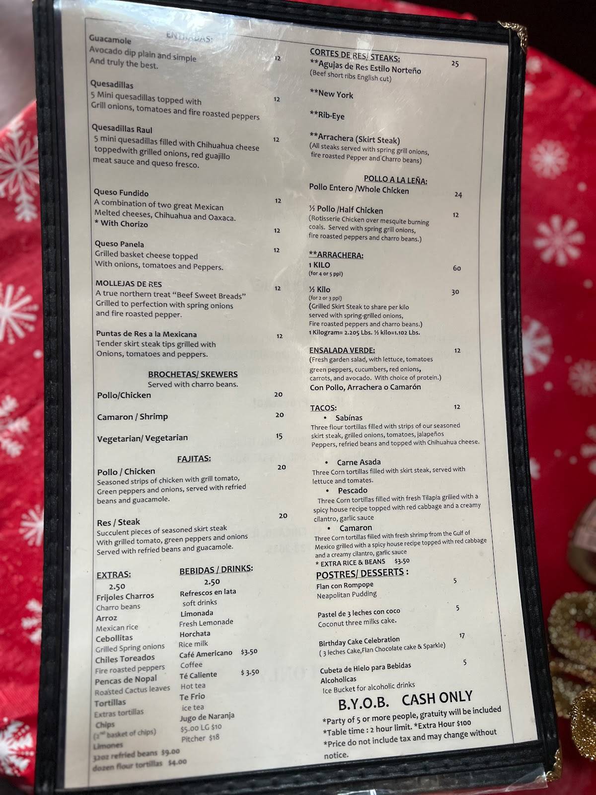 Menu at Cantón Regio steakhouse, Chicago