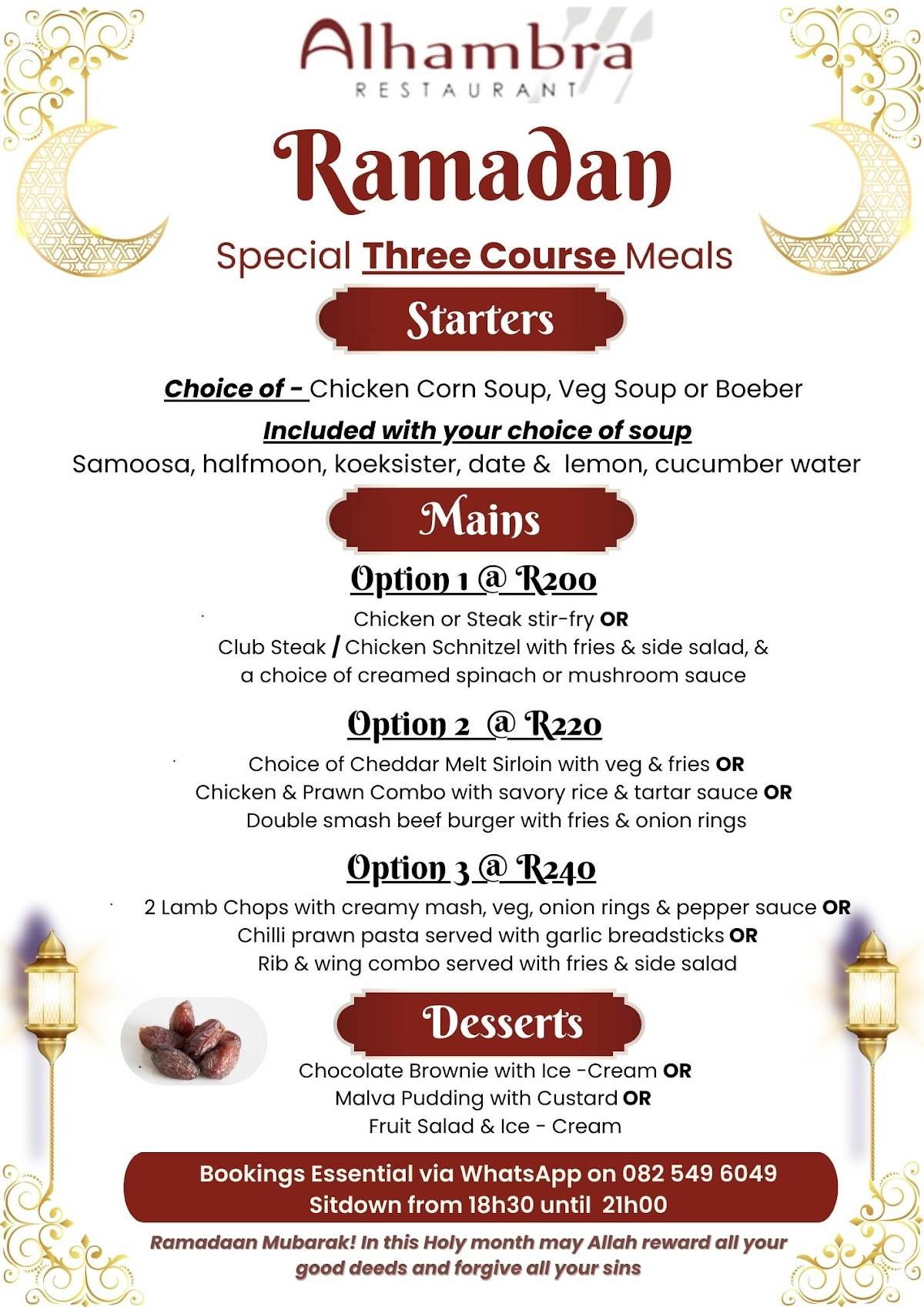 Menu at Alhambra Restaurant, Cape Town