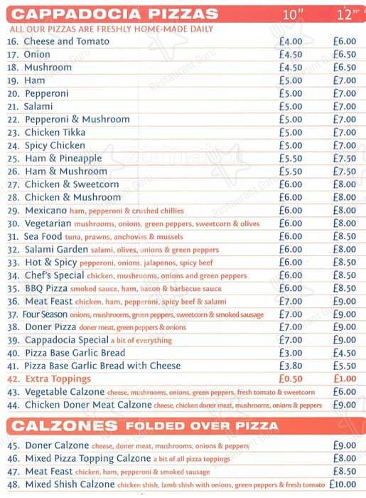 Menu at Cappadocia fast food, Edinburgh, 10 Forrest Rd