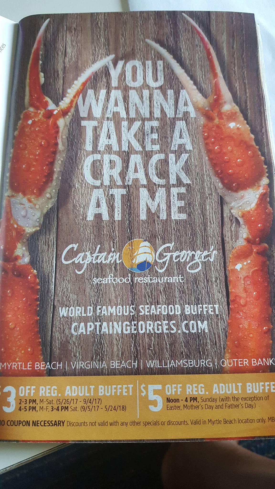 Menu at Captain George's Seafood Restaurant, Myrtle Beach