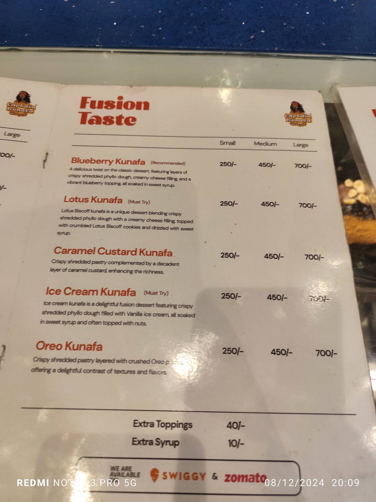 Menu at Captain Kunafa, Hyderabad, Yerrakunta