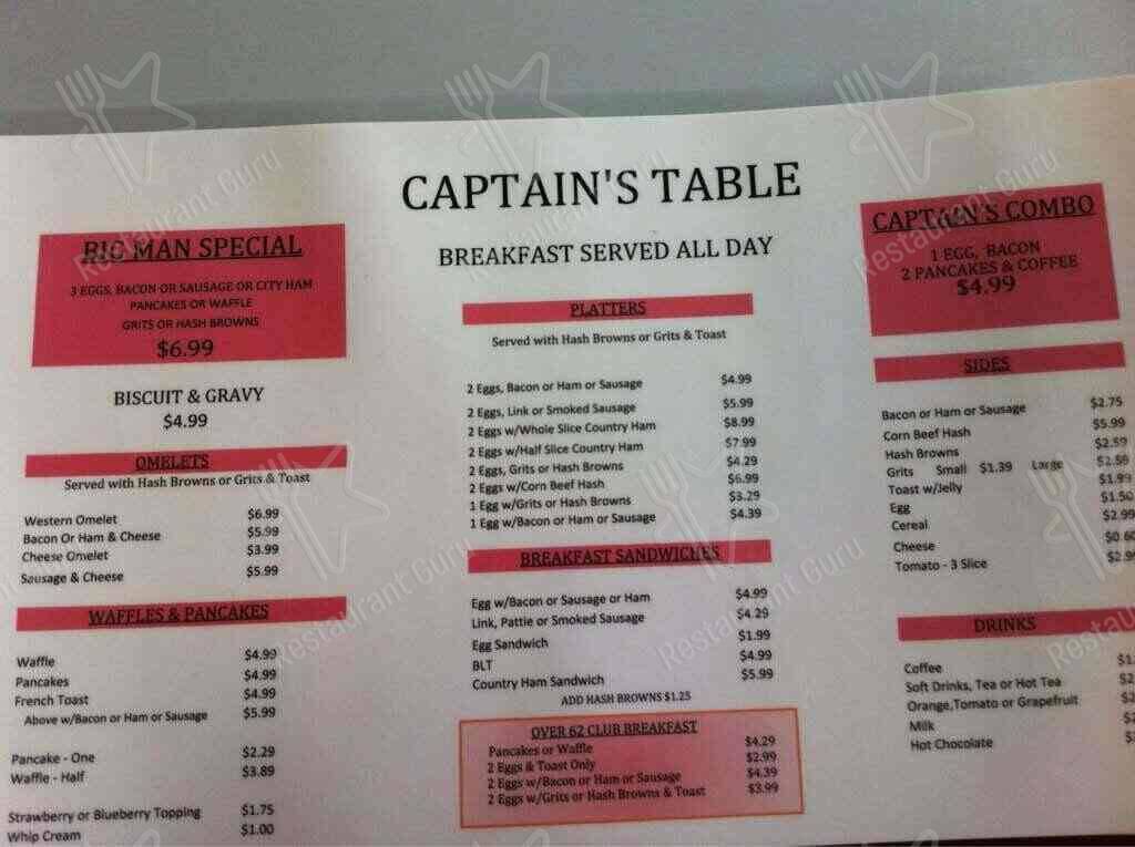 Menu at Captain's Table restaurant, Morehead City