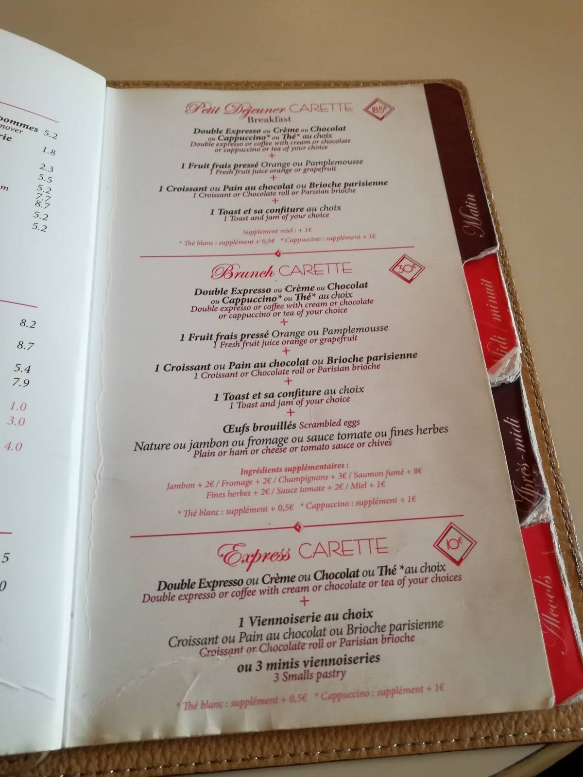 Menu at Carette pub & bar, Paris, 25 Pl. des Vosges