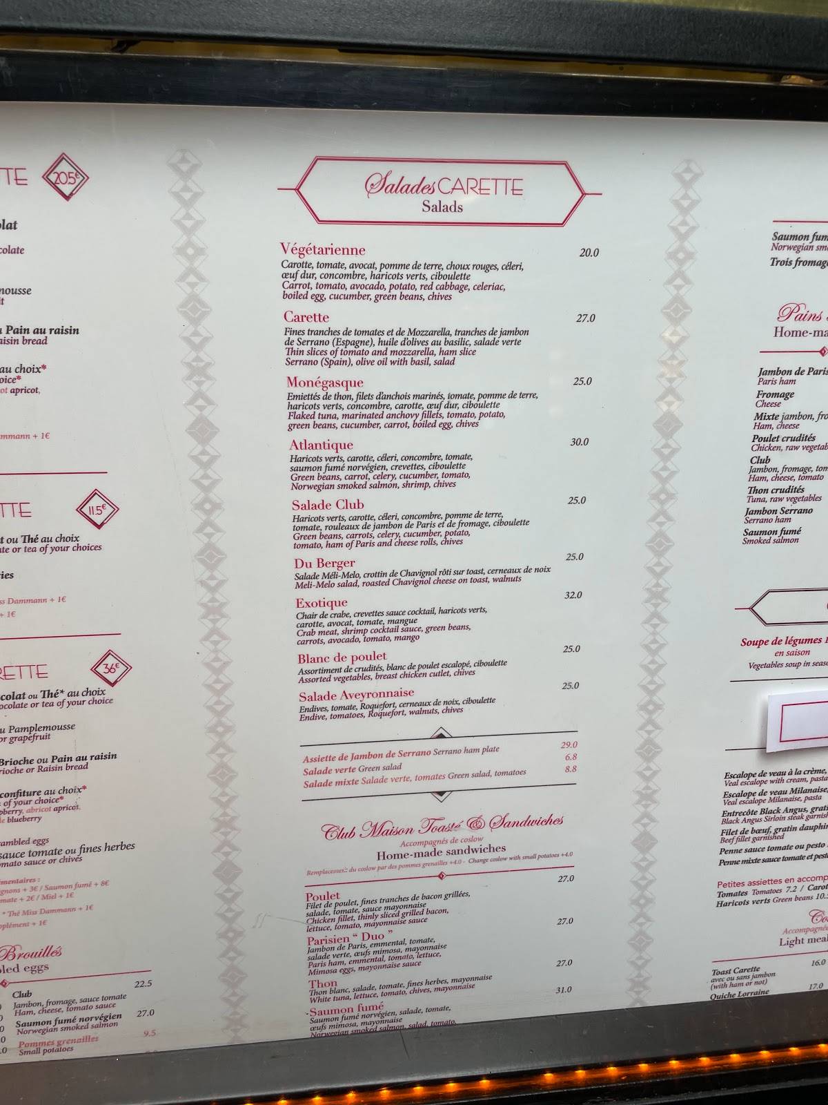 Menu au Carette café, Paris, 4 Pl. du Trocadéro et du 11 Novembre