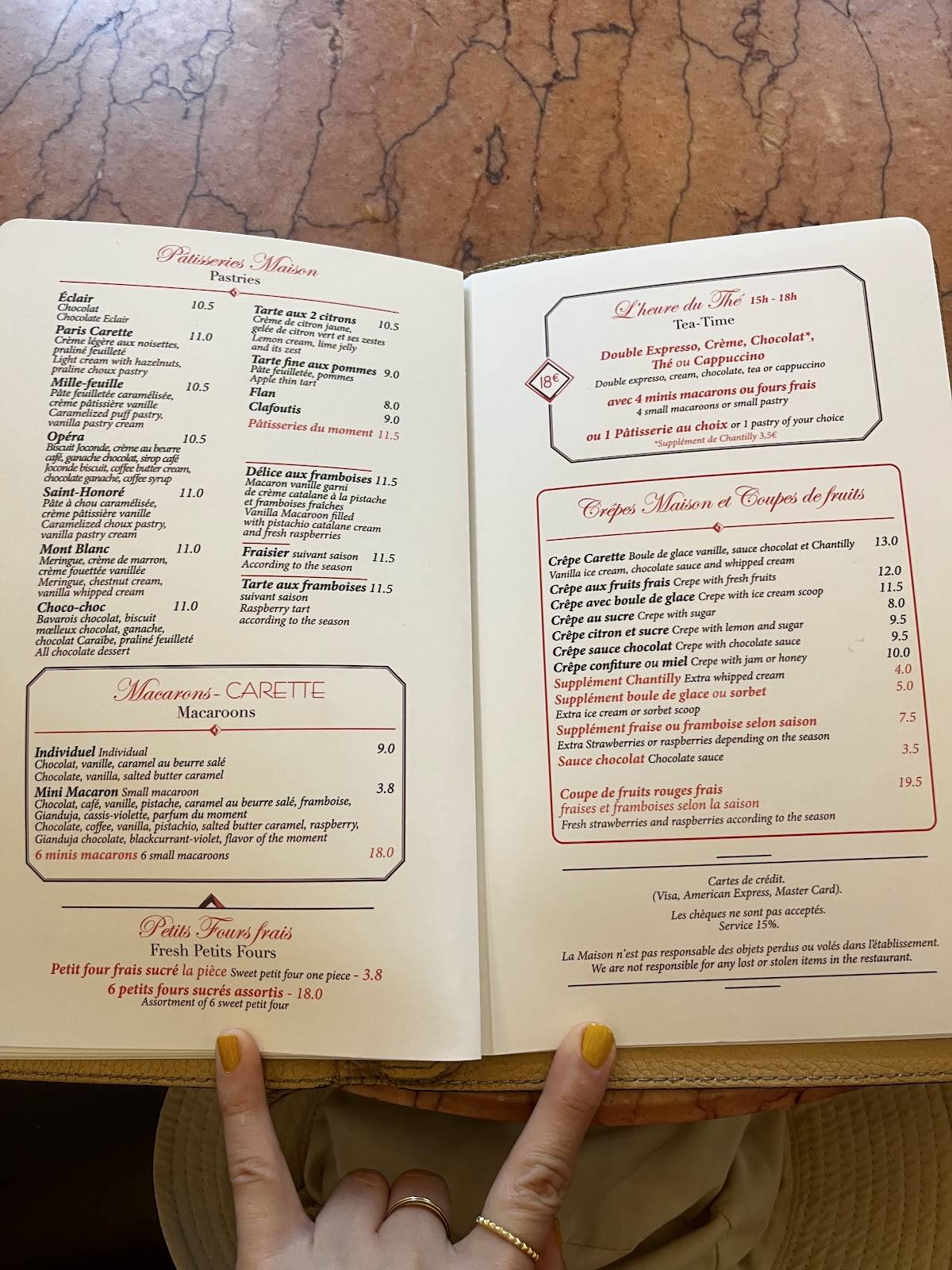 Menu au Carette restaurant, Paris, 4 Pl. du Trocadéro et du 11 Novembre
