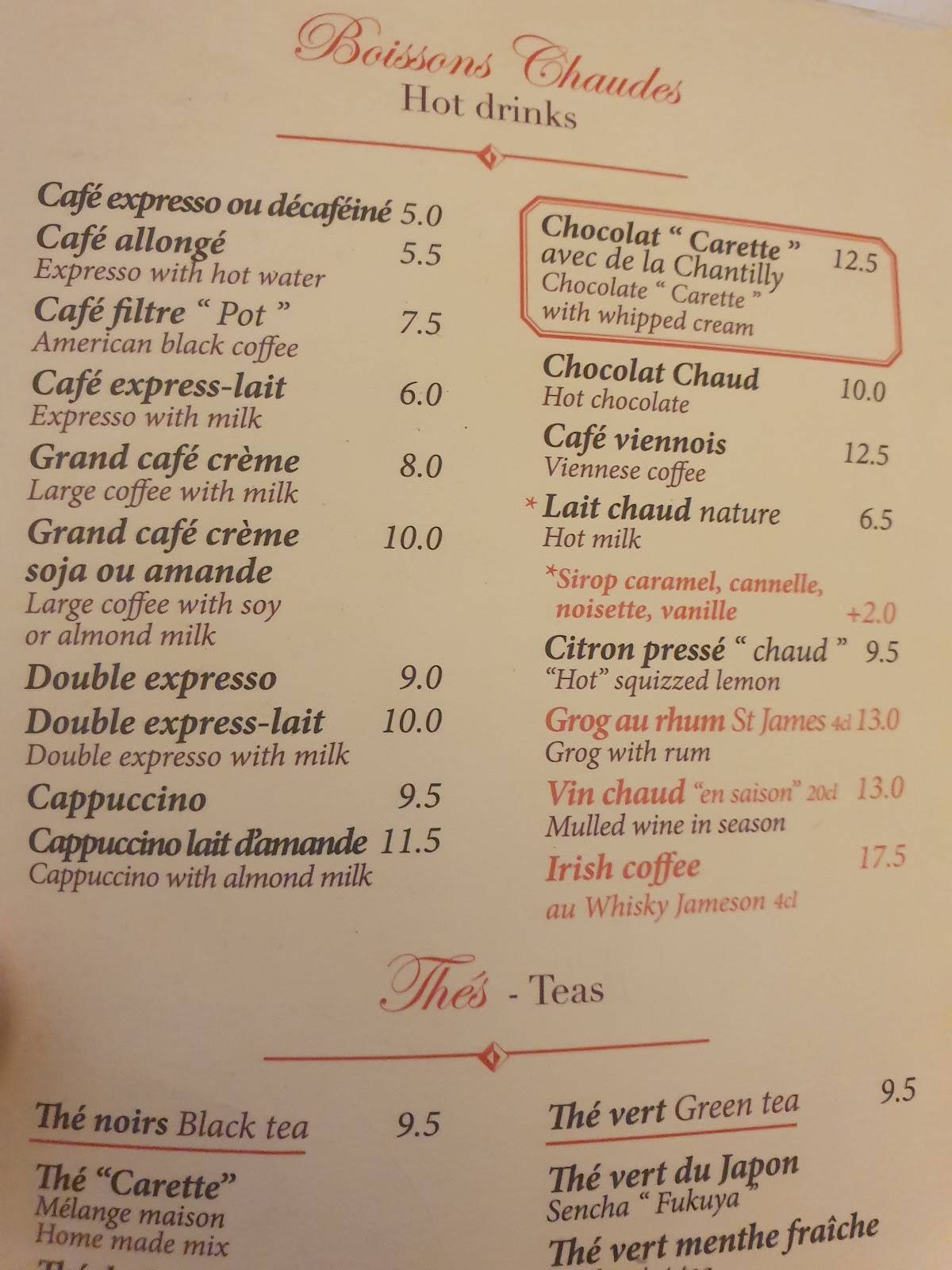 Menu au Carette restaurant, Paris, 4 Pl. du Trocadéro et du 11 Novembre