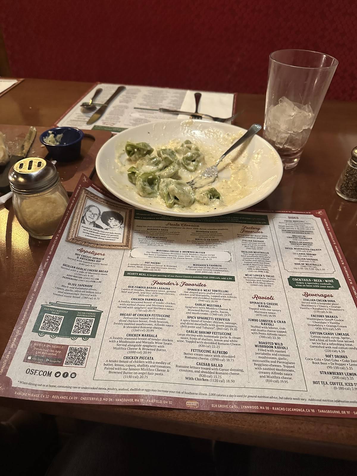 Menu at The Old Spaghetti Factory restaurant, Carmel