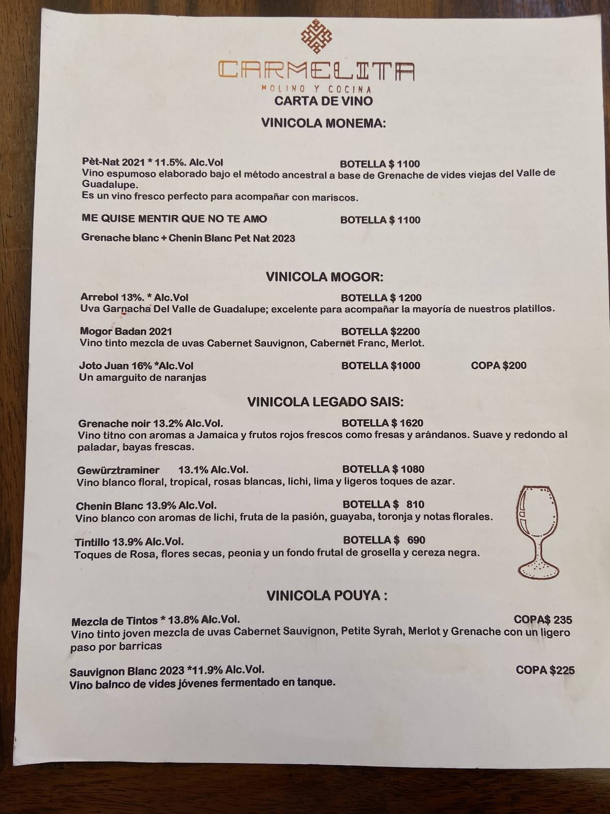 Carta del restaurante Carmelita Molino y Cocina, Tijuana