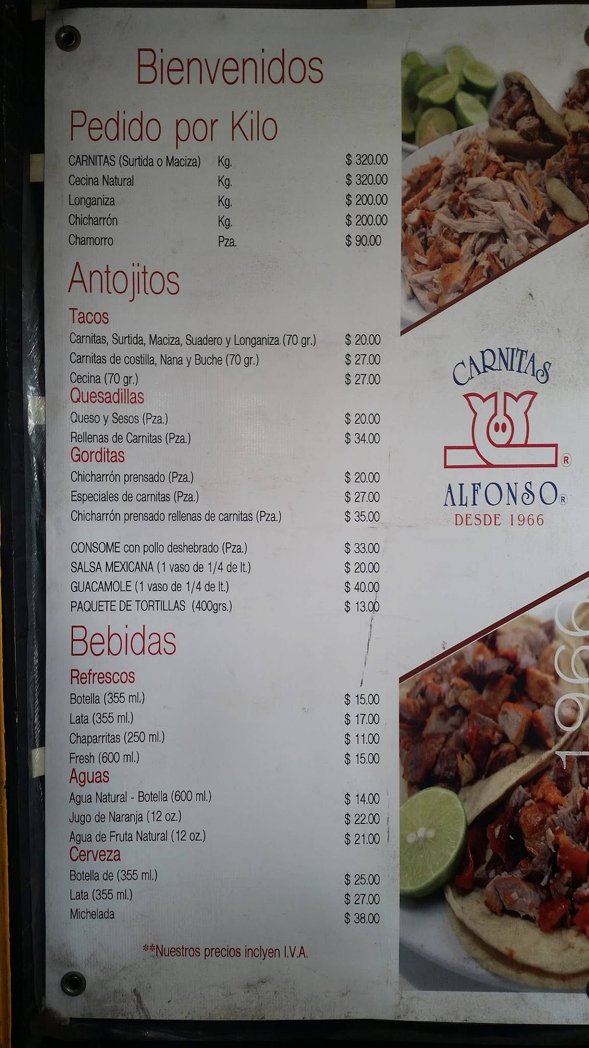 Carta del restaurante Carnitas Alfonso, Naucalpan del Juárez, Perif. Blvd. Manuel Ávila Camacho 865