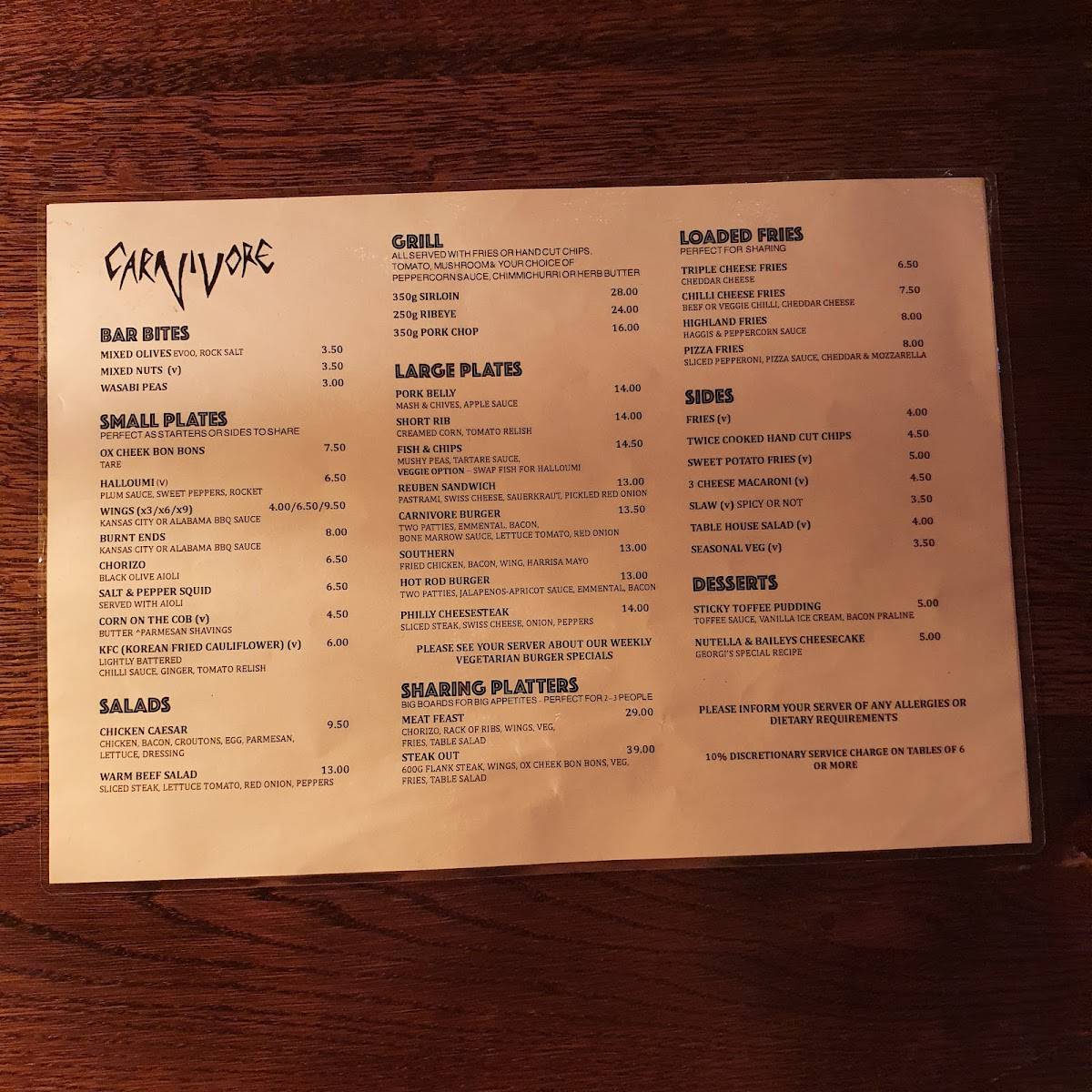 Menu at Carnivore restaurant, Edinburgh