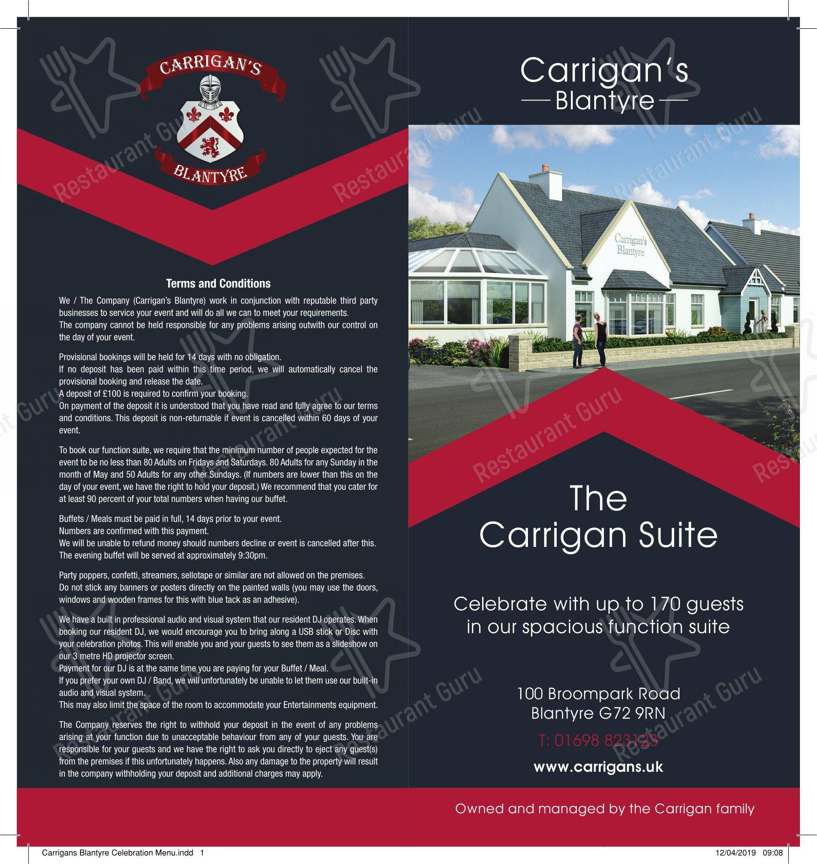 Menu at Carrigan's Blantyre restaurant, Glasgow