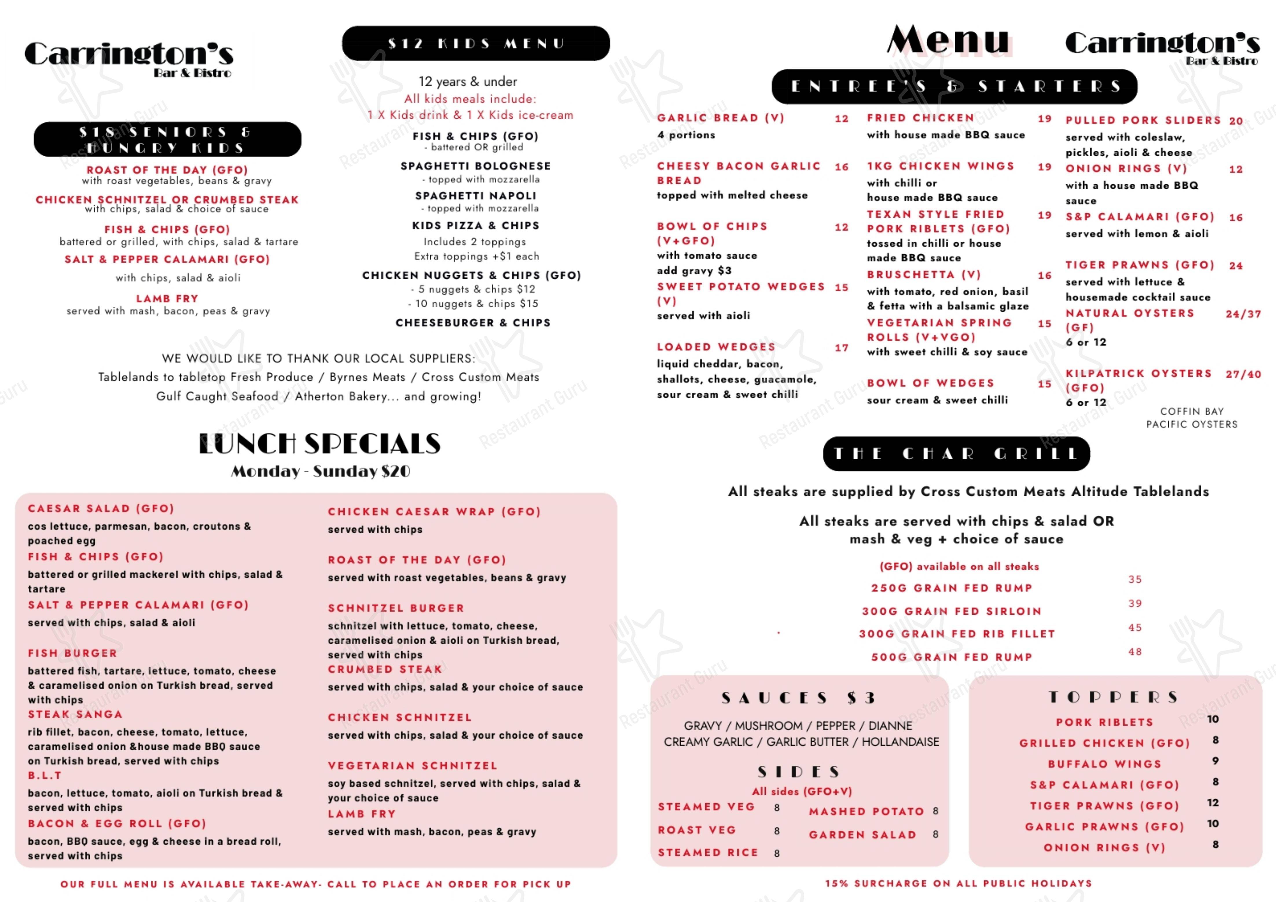 Menu at Carrington's Bar & Bistro, Atherton