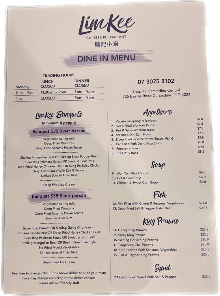 Menu at Limkee Chinese Restaurant, Carseldine