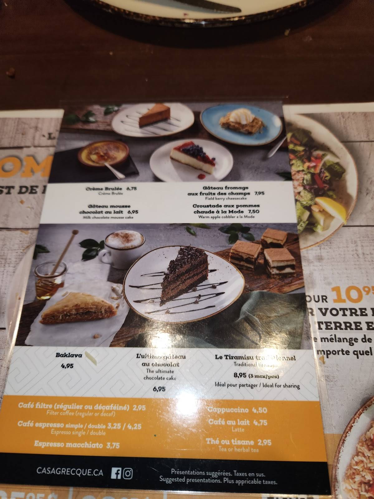 Menu au Casa Grecque restaurant, Boucherville