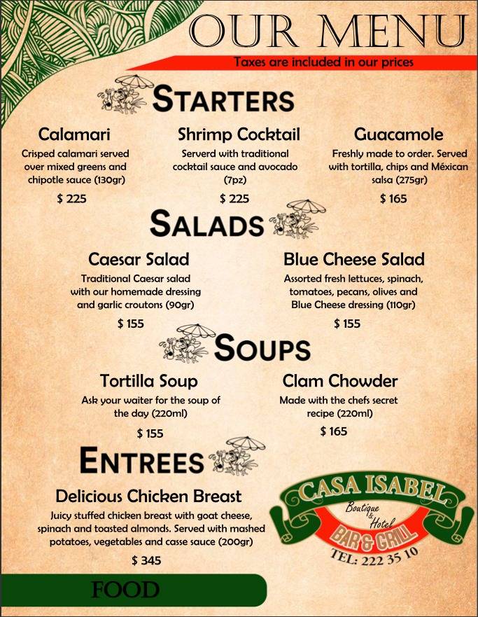 Menu at Casa Isabel restaurant, Puerto Vallarta, Analco 132