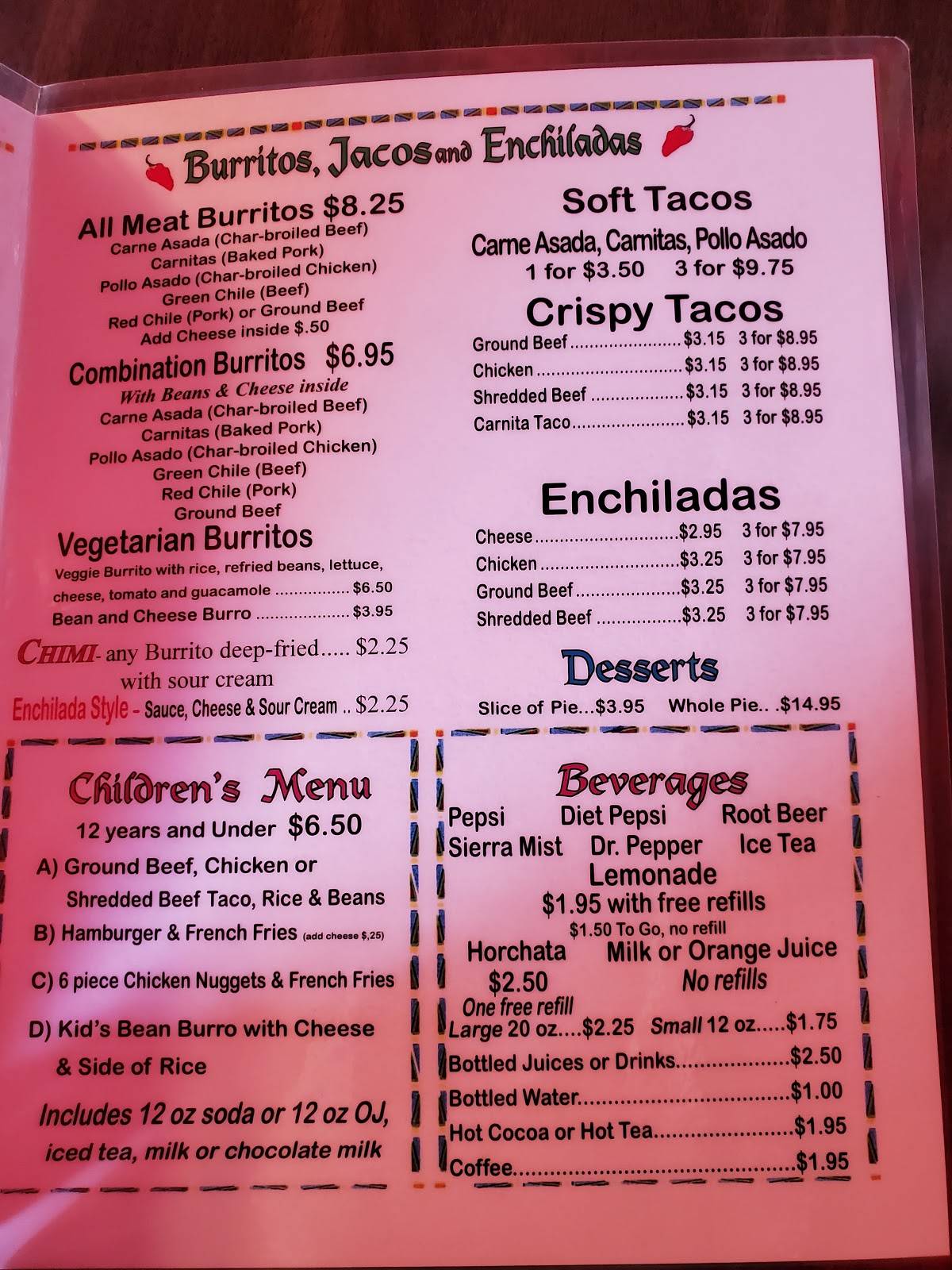 Menu at Casa Rivera's Taco Express restaurant, Oracle