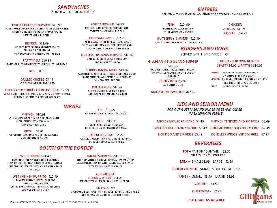 Menu at Gilligan's pub & bar, Cass City