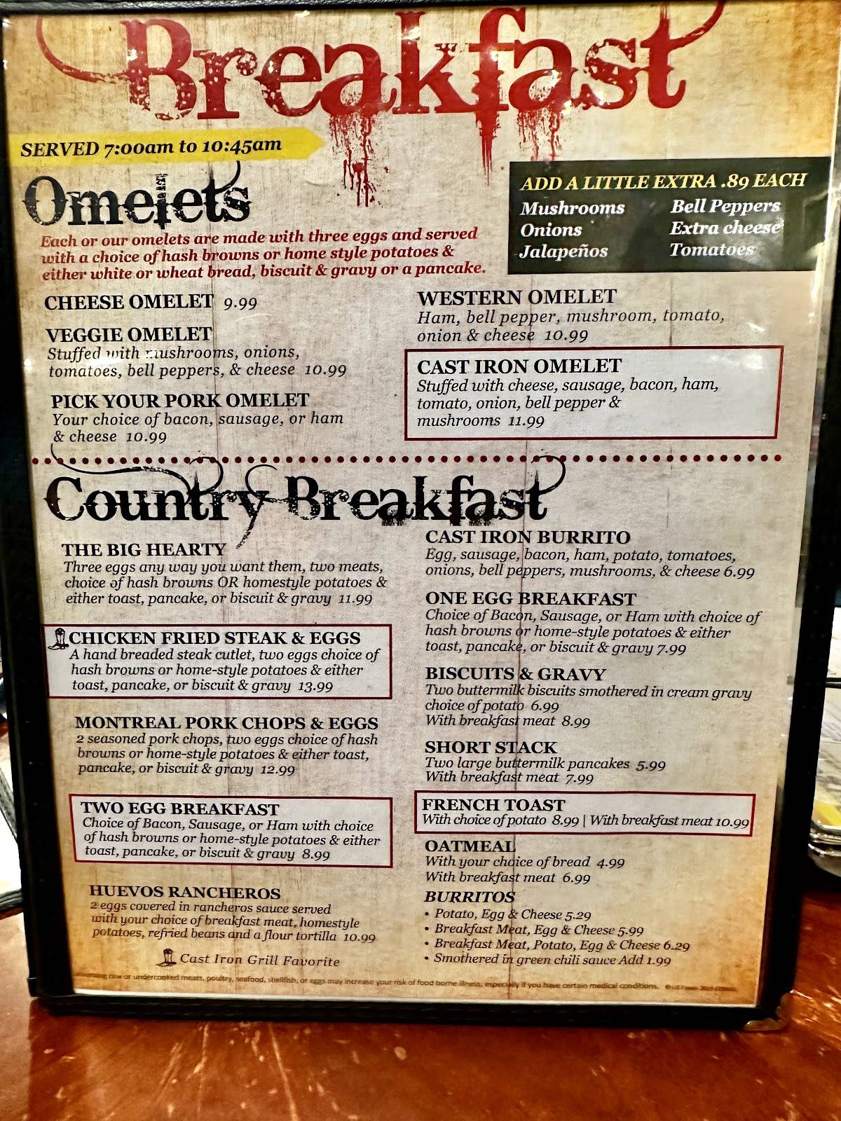 Menu at Cast Iron Grill restaurant, Lubbock, 620 19th St