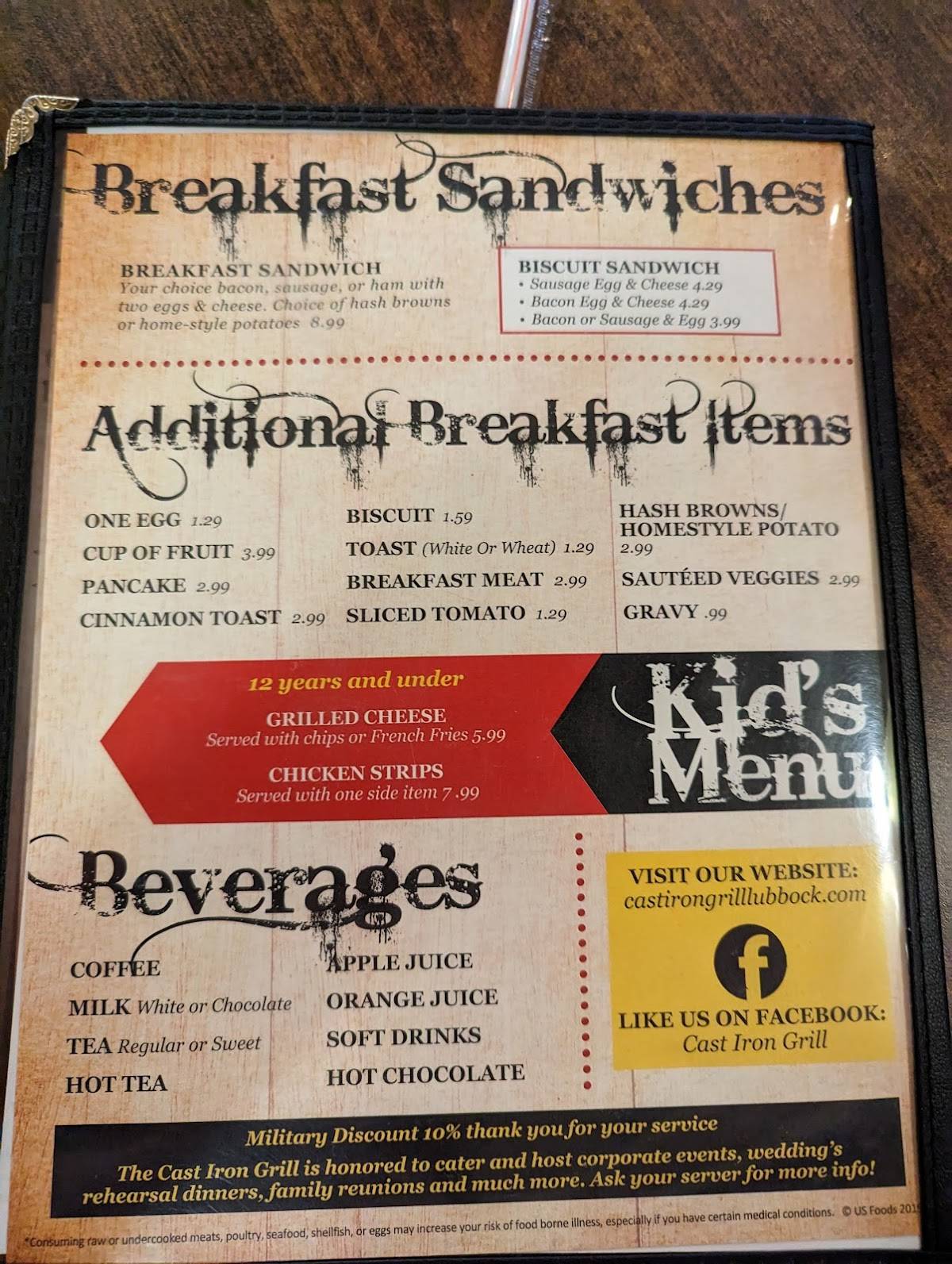 Menu at Cast Iron Grill restaurant, Lubbock, 620 19th St