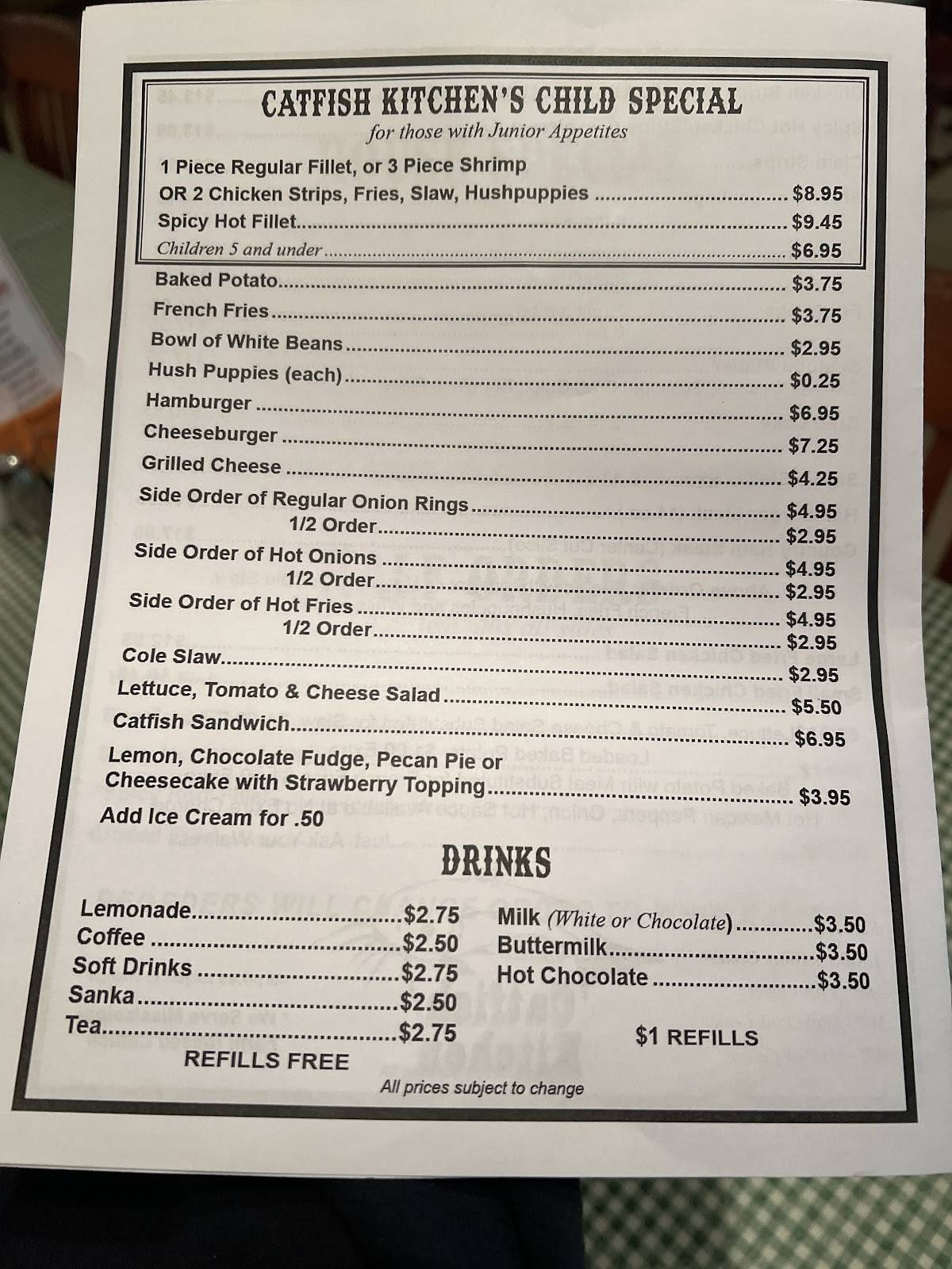 Menu at Catfish Kitchen restaurant, Burns, US-70