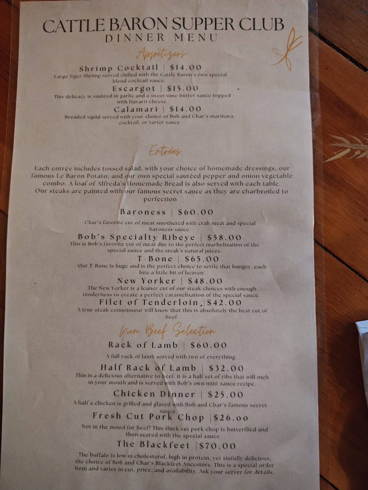 Menu at Cattle Baron Supper Club, Babb