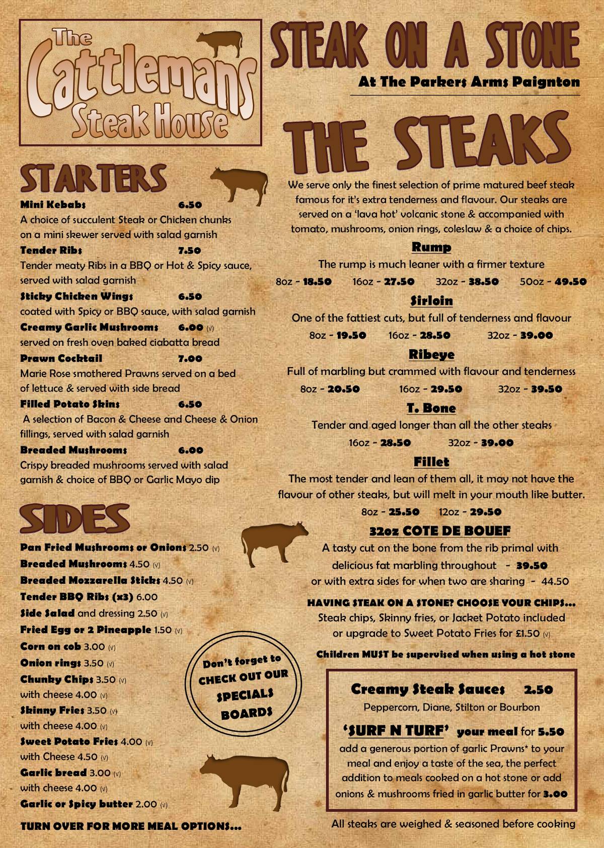 Menu at Cattlemans Steakhouse at The Parkers Arms, Paignton, 343-347 ...