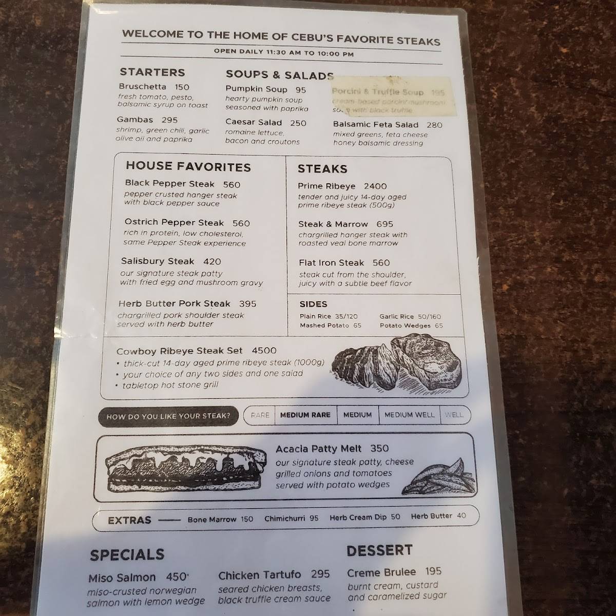 Menu at Acacia Steakhouse, Cebu City