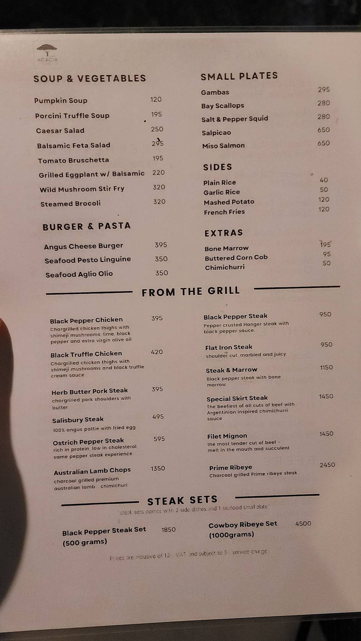 Menu at Acacia Steakhouse, Cebu City