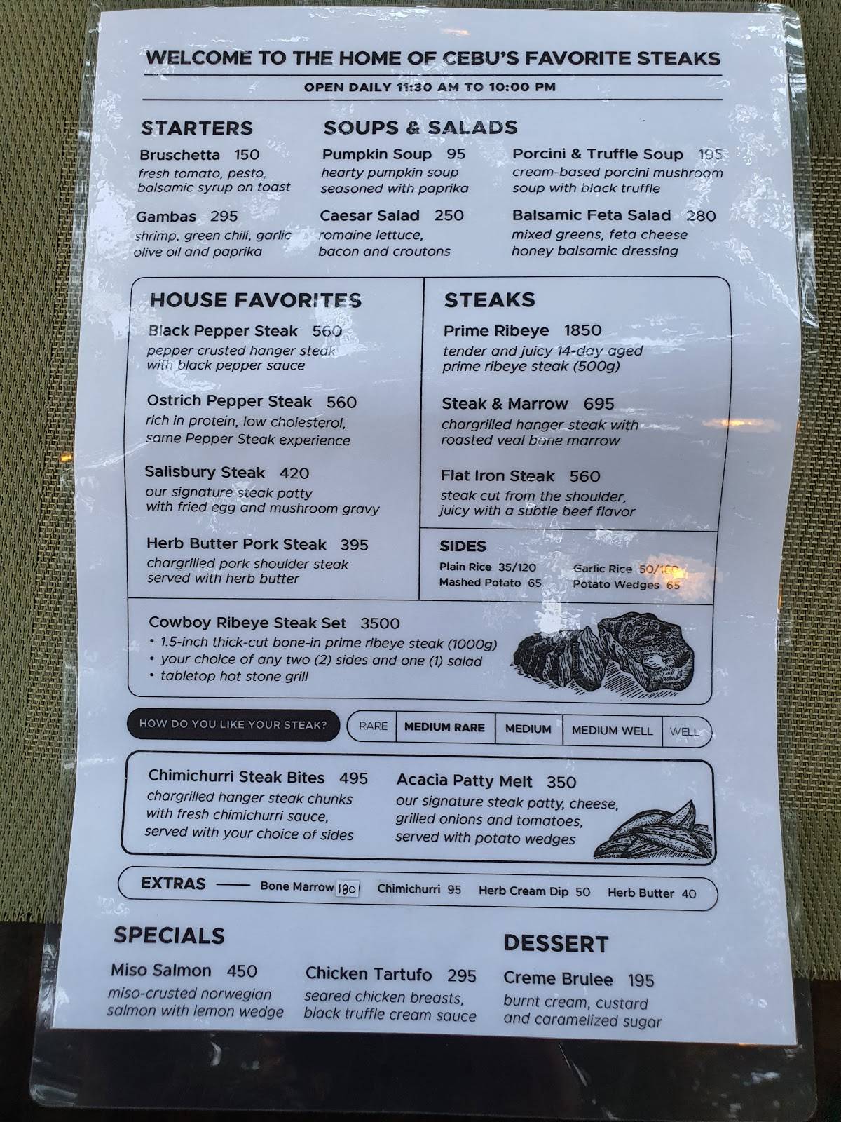 Menu at Acacia Steakhouse, Cebu City
