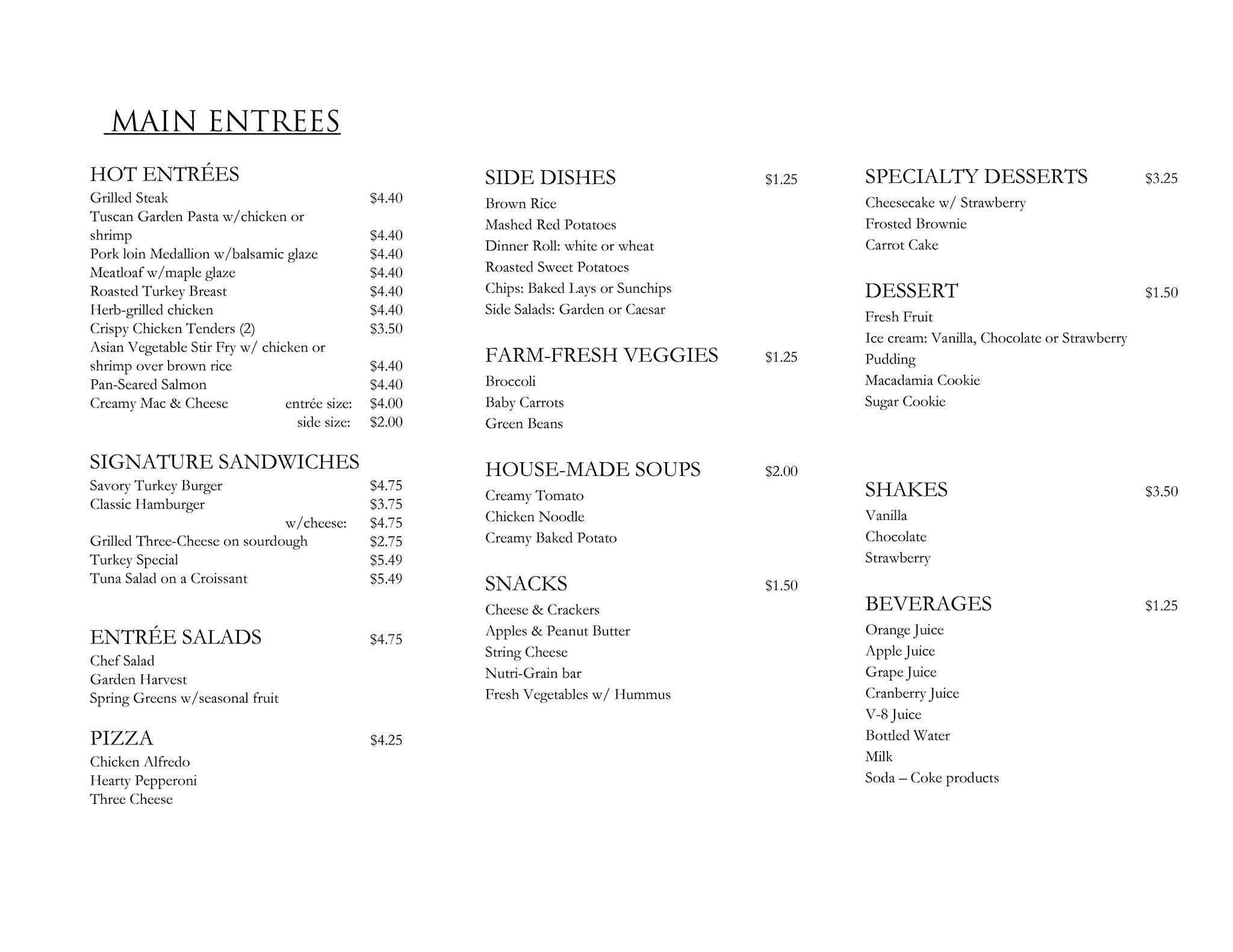 Menu at Cedar City Hospital Northfield Cafe, Cedar City