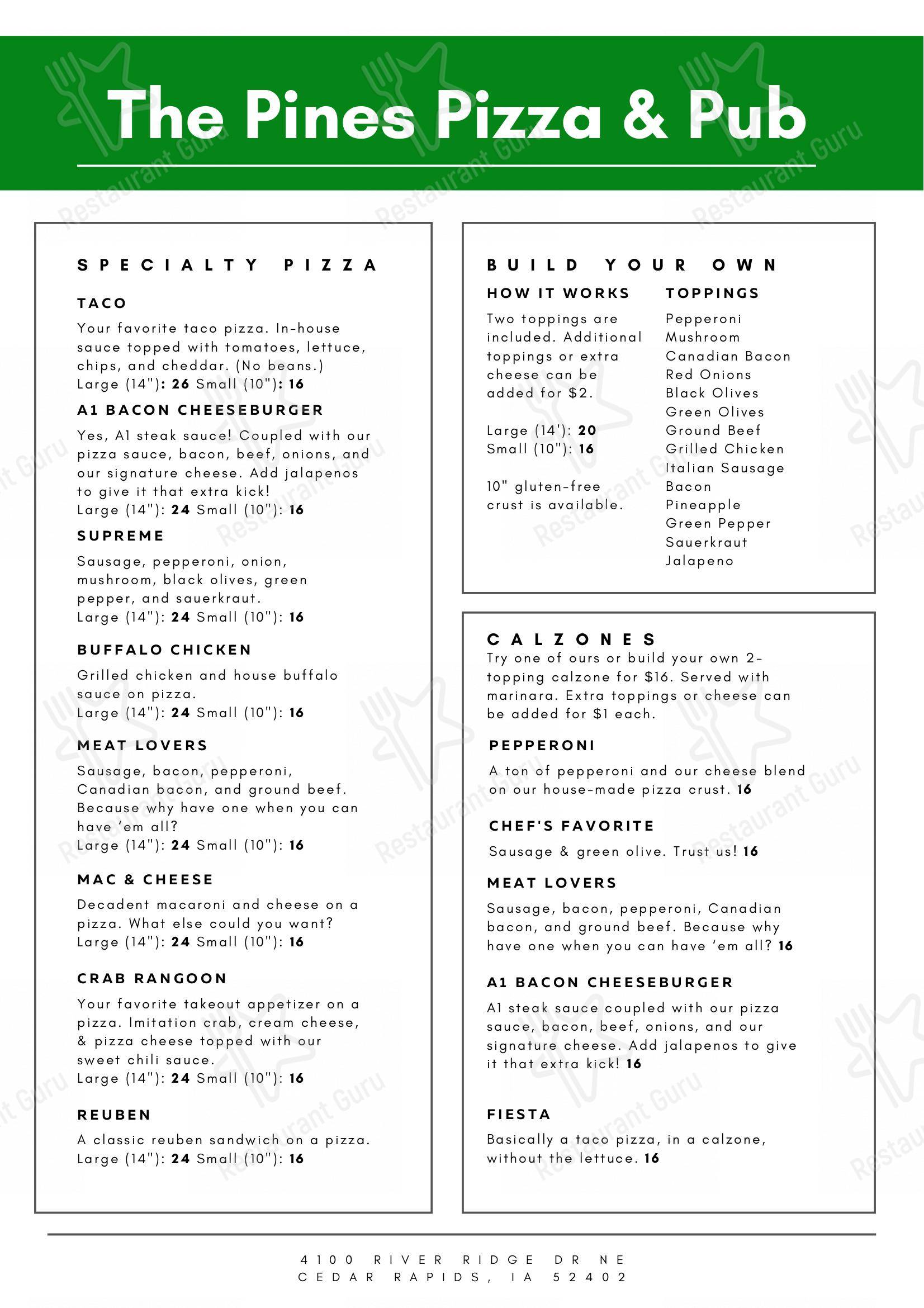 Carta de The Pines Pizza and Pub, Cedar Rapids
